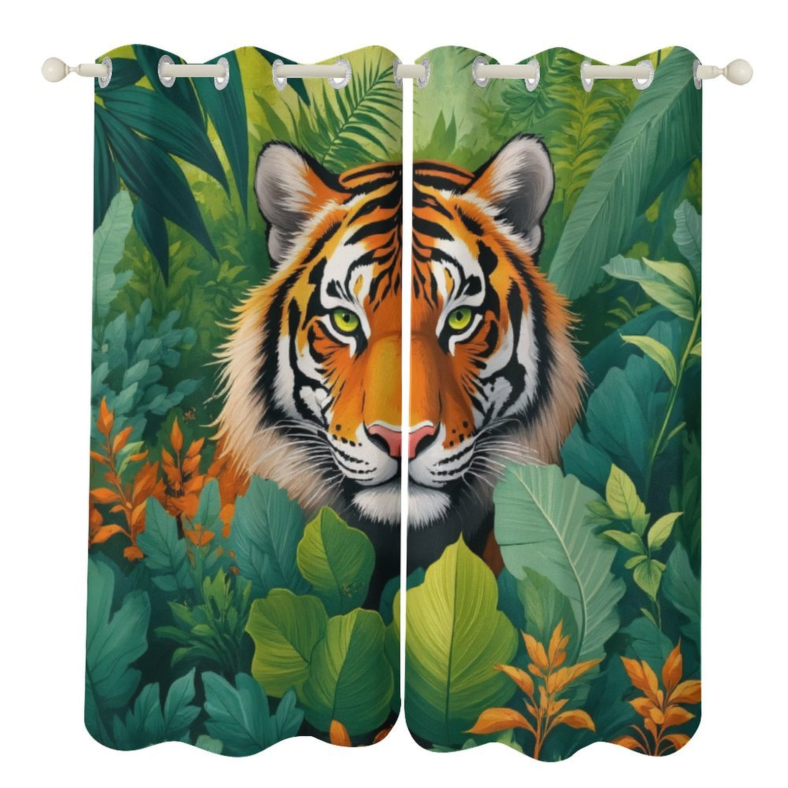 Tiger in Jungle Leaves Blackout Window Curtains for Bedroom Living Room ...