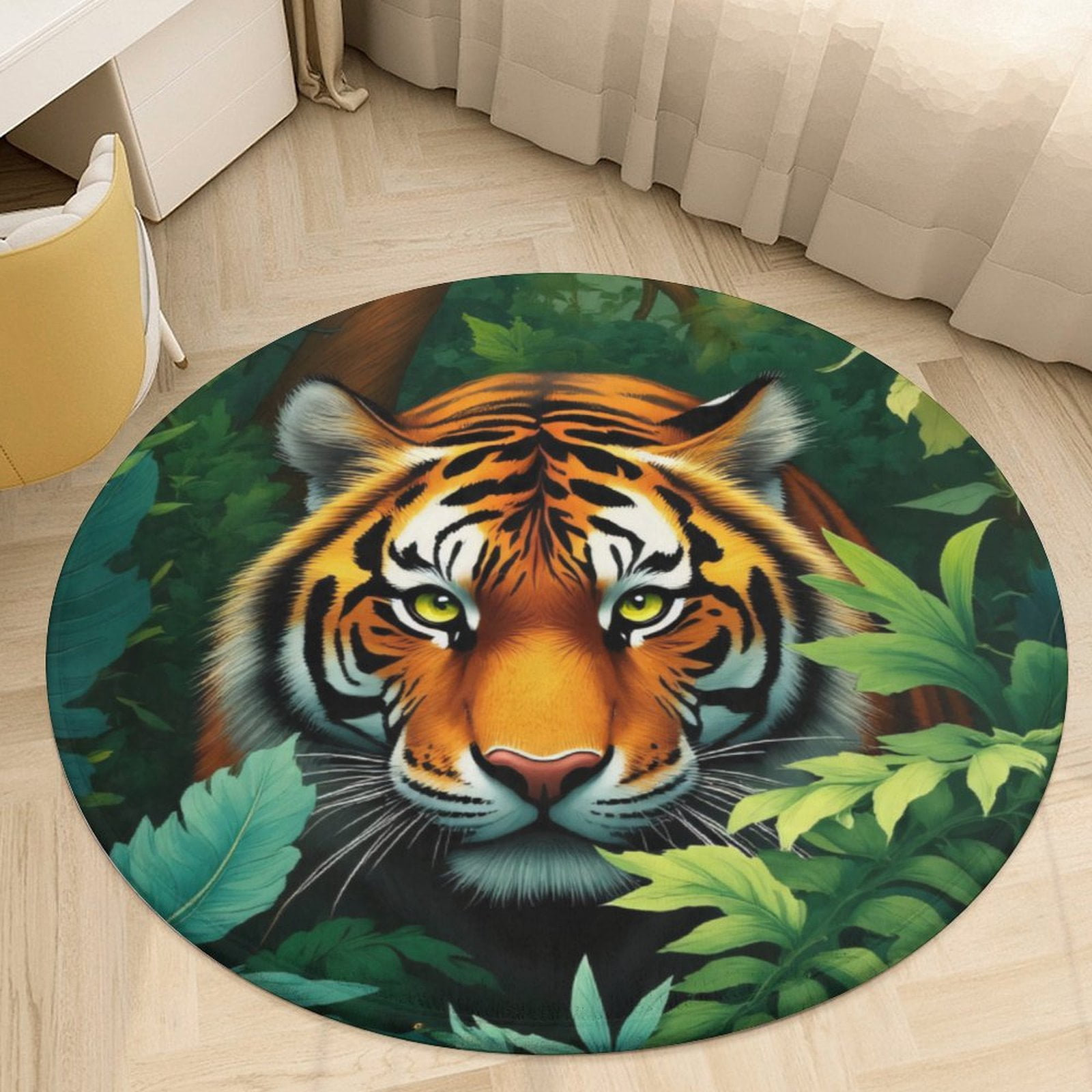 Tiger in Jungle Leaves Round Area Rugs for Bedroom Living Room, 5FT ...