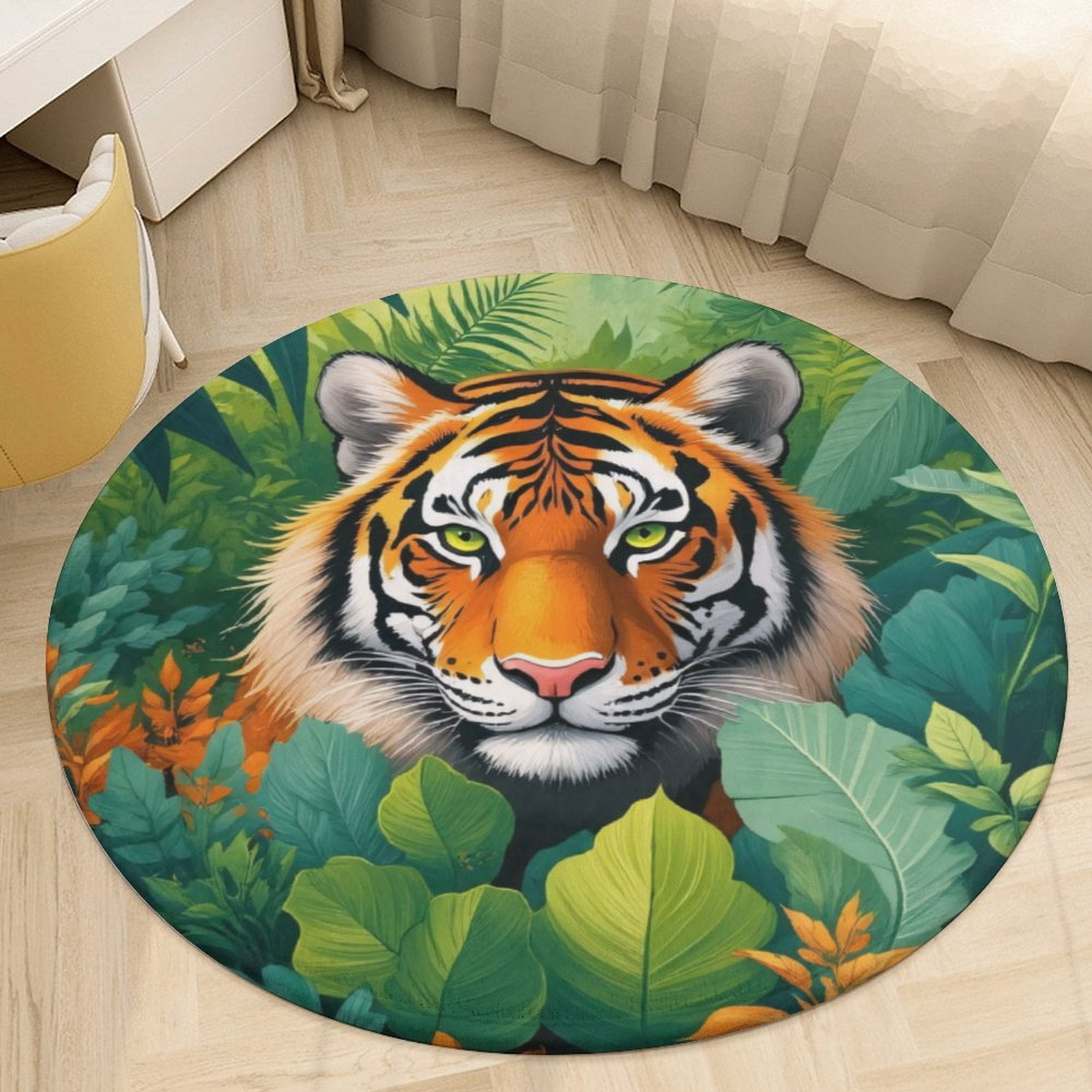 Tiger in Jungle Leaves Round Area Rugs for Bedroom Living Room, 5FT ...
