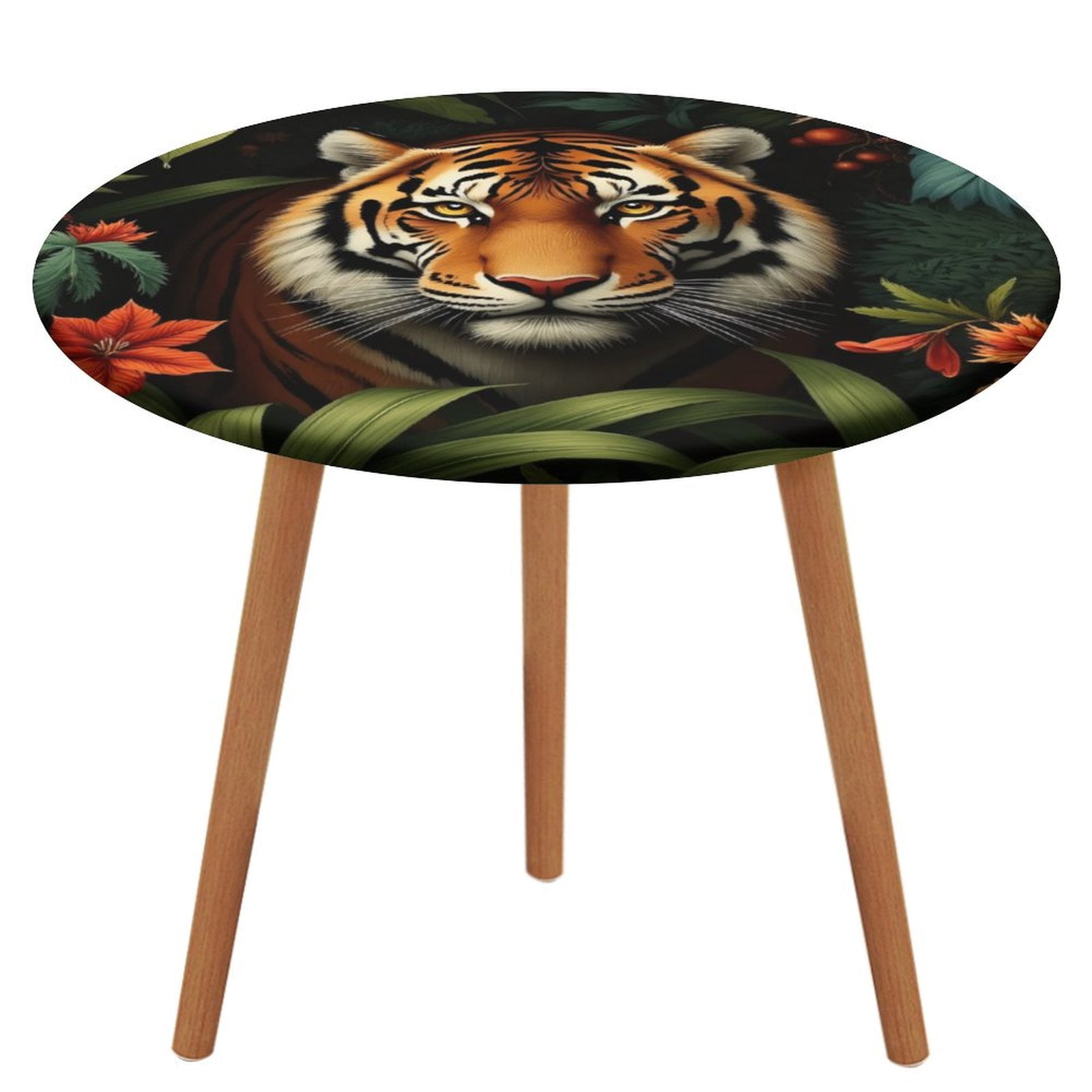 Tiger in Tropical Jungle Pattern Round Tablecloth Waterproof Elastic ...