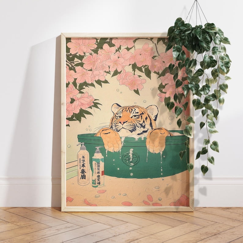 Tiger in bathtub, Japanese bathroom decor, Japan art print, Aesthetic ...
