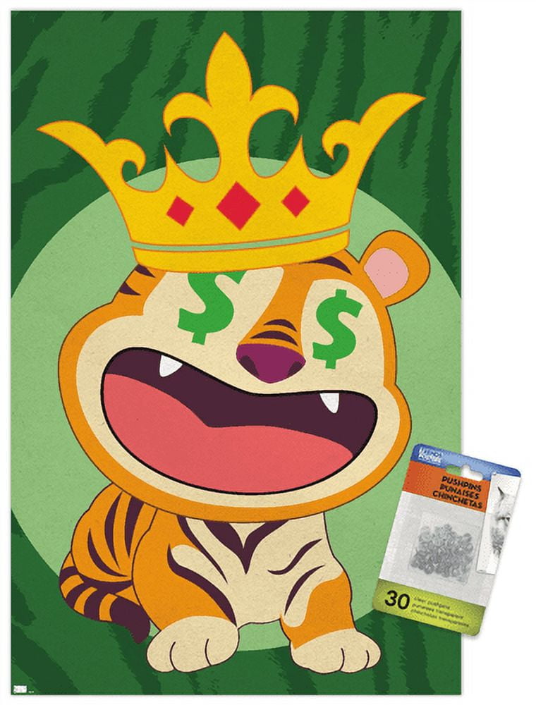 Tiger with Crown Wall Poster with Push Pins, 14.725" x 22.375 ...