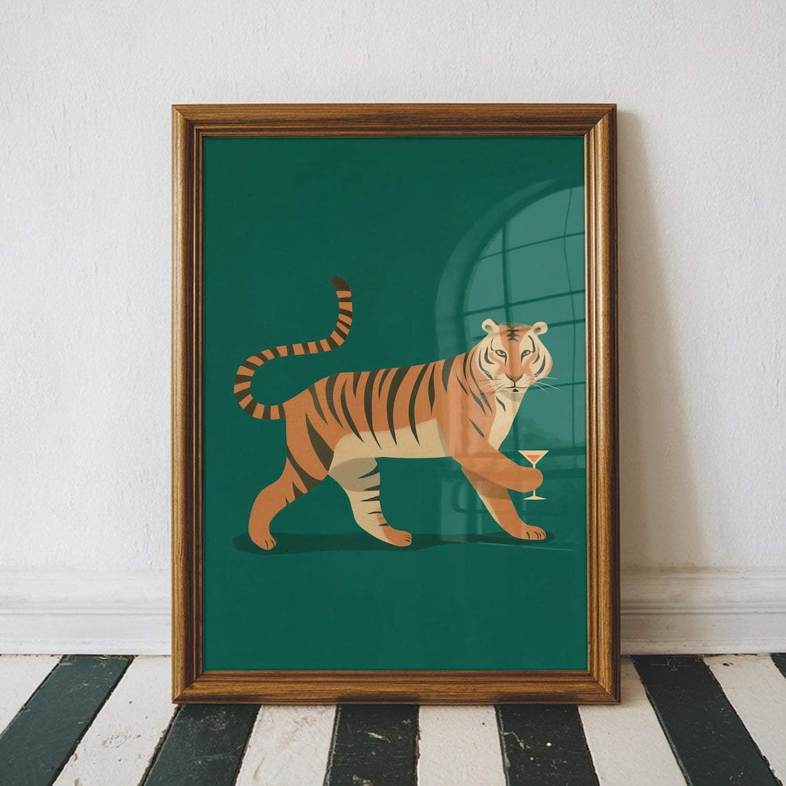 Tiger with Martini Mid Century Modern Cocktail Bar Cart Animal Lover ...