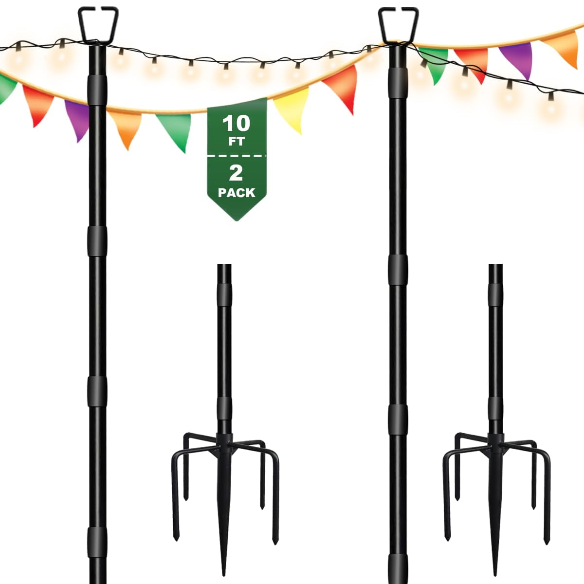 Tigerden 10Ft String Light Poles for Outside - 2 Pack Adjustable Metal ...