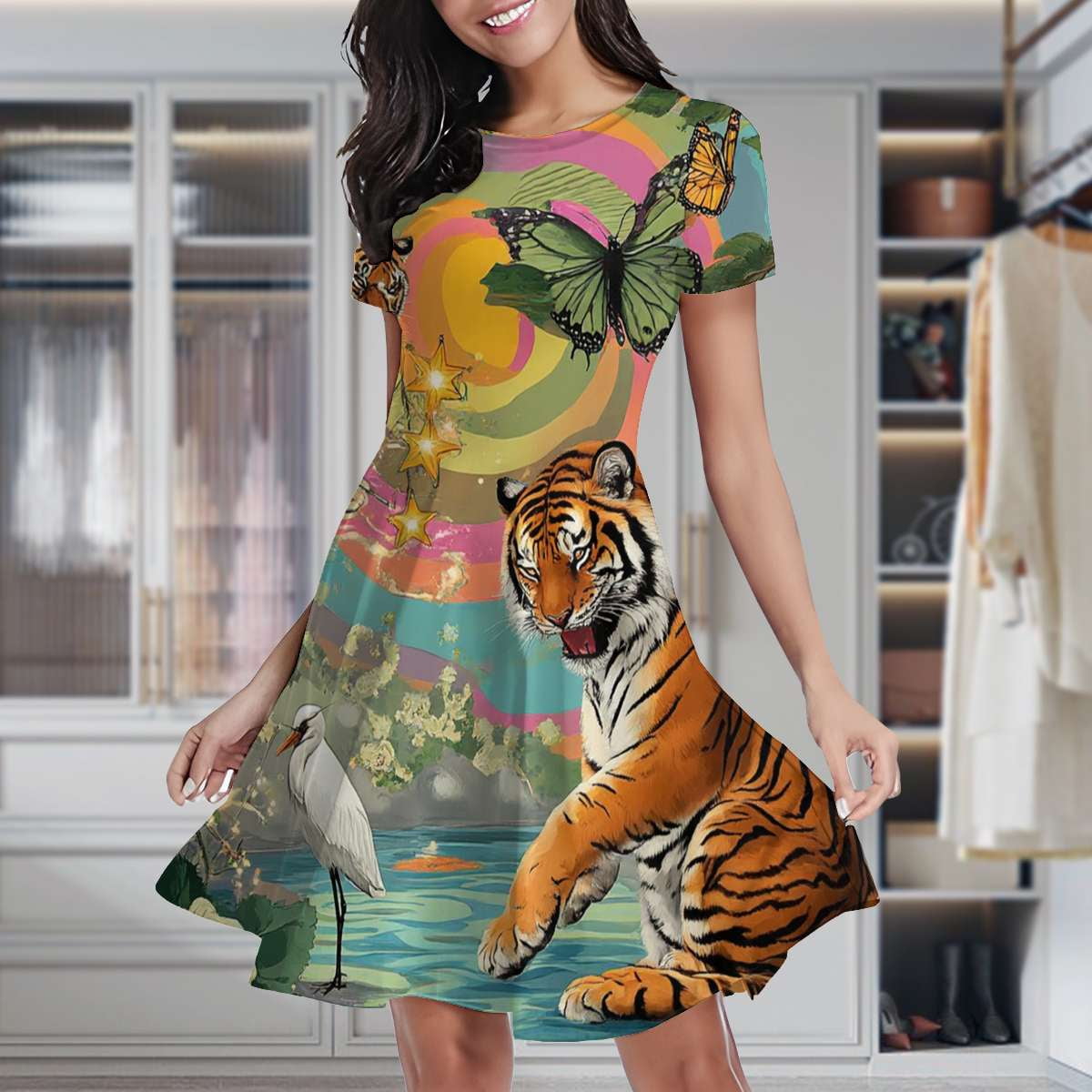 Tigers Butterflies Vibrant Psychedelic Art Women's Classic Swing Skater ...