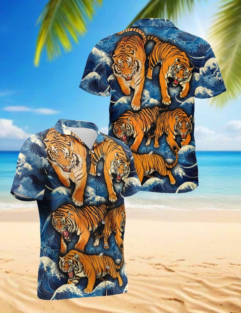 Tigers In Wave Hawaiian Shirt For Men, Tropical Vacation Shirt, Lightweight Summer Beachwear ...