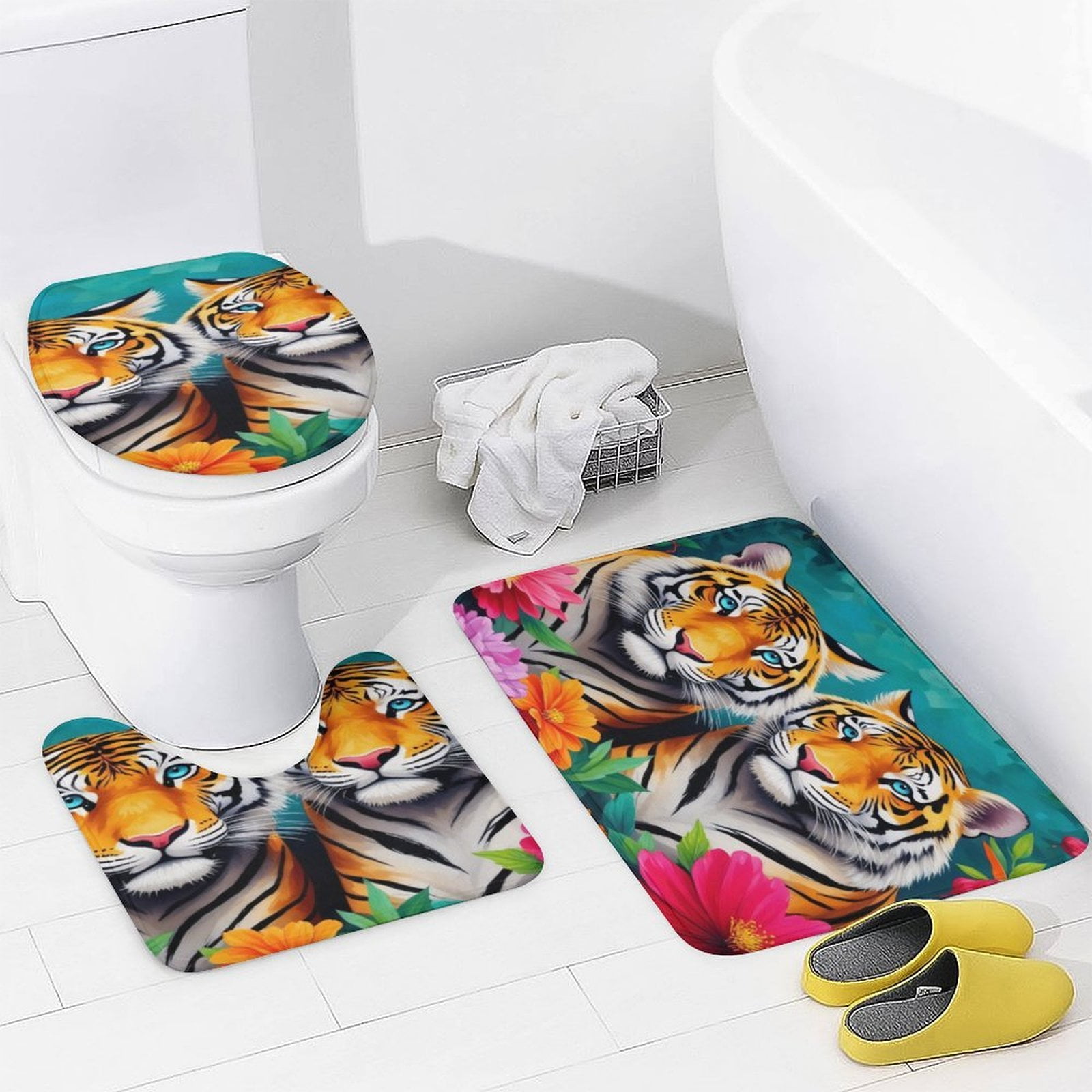 Tigers in Floral Jungle Bathroom Rugs Sets 3 Piece Toilet Lid Cover and ...