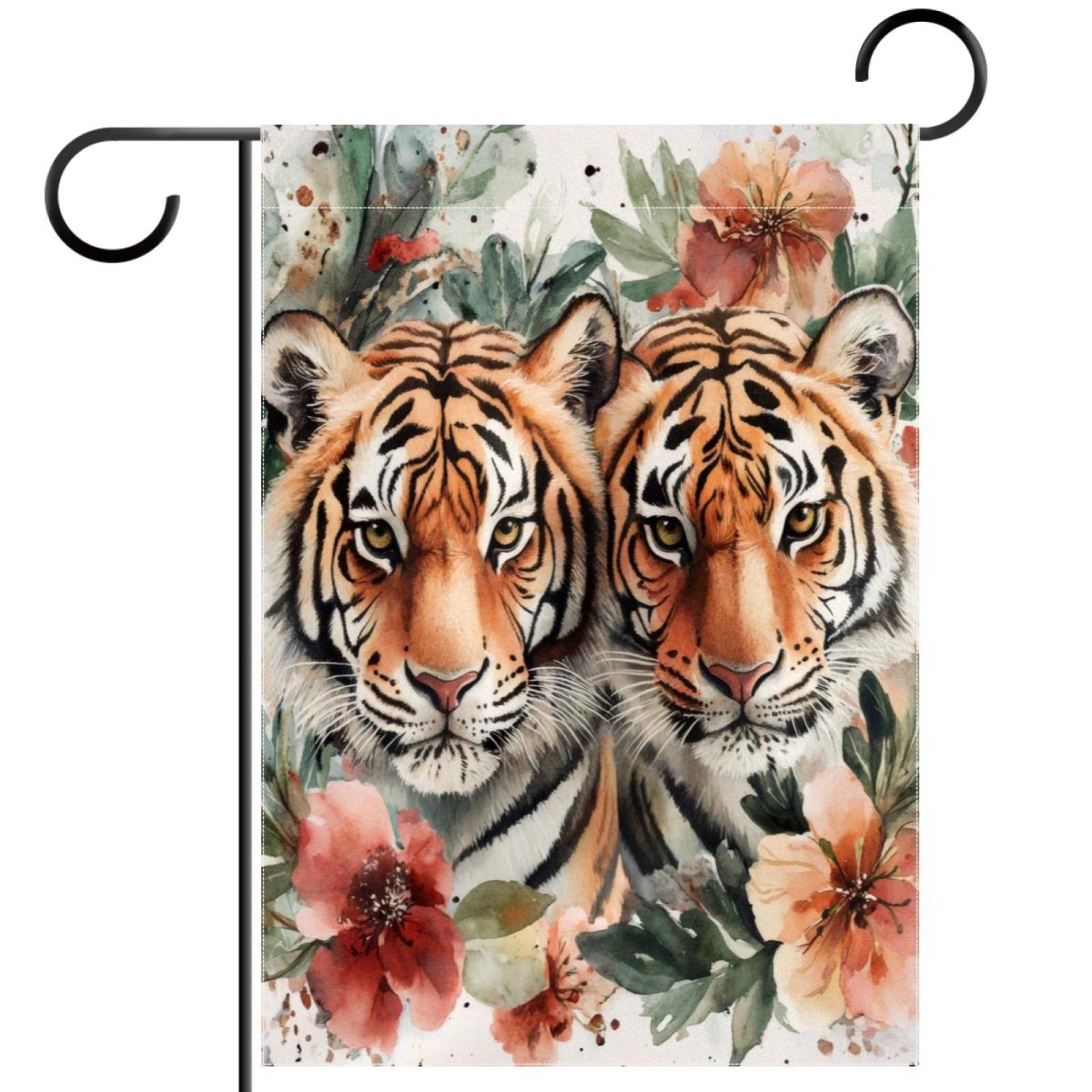 Tigers with Flowers Watercolor Print Polyester Garden Flag House Banner ...