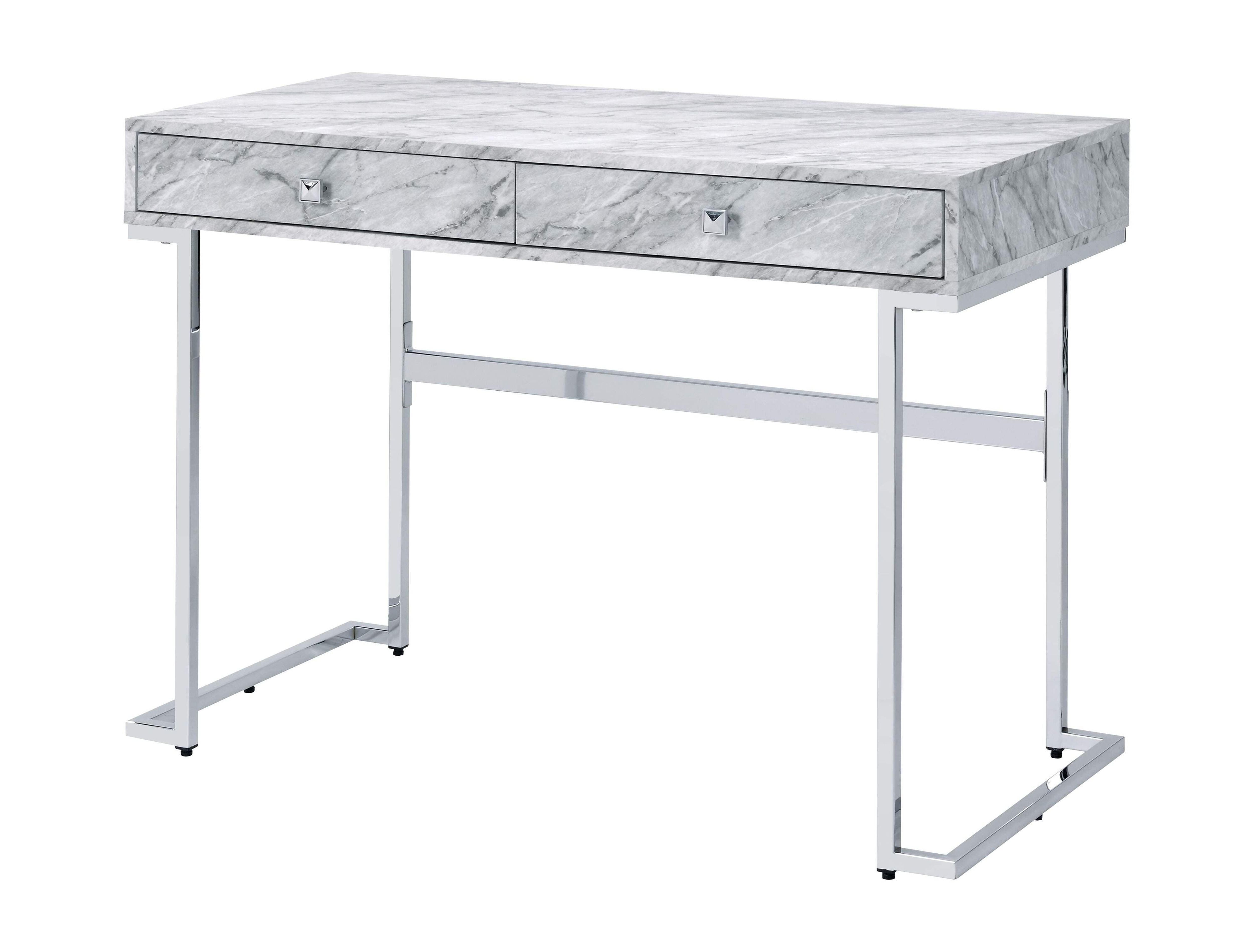 Tigress White Printed Faux Marble Top Chrome Finish Writing Desk White ...