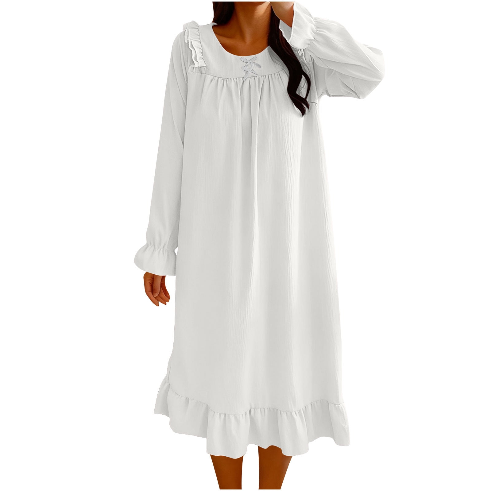 Tii.MM Nightgowns for Women Vintage Long Sleeve Crew Neck Pleated ...