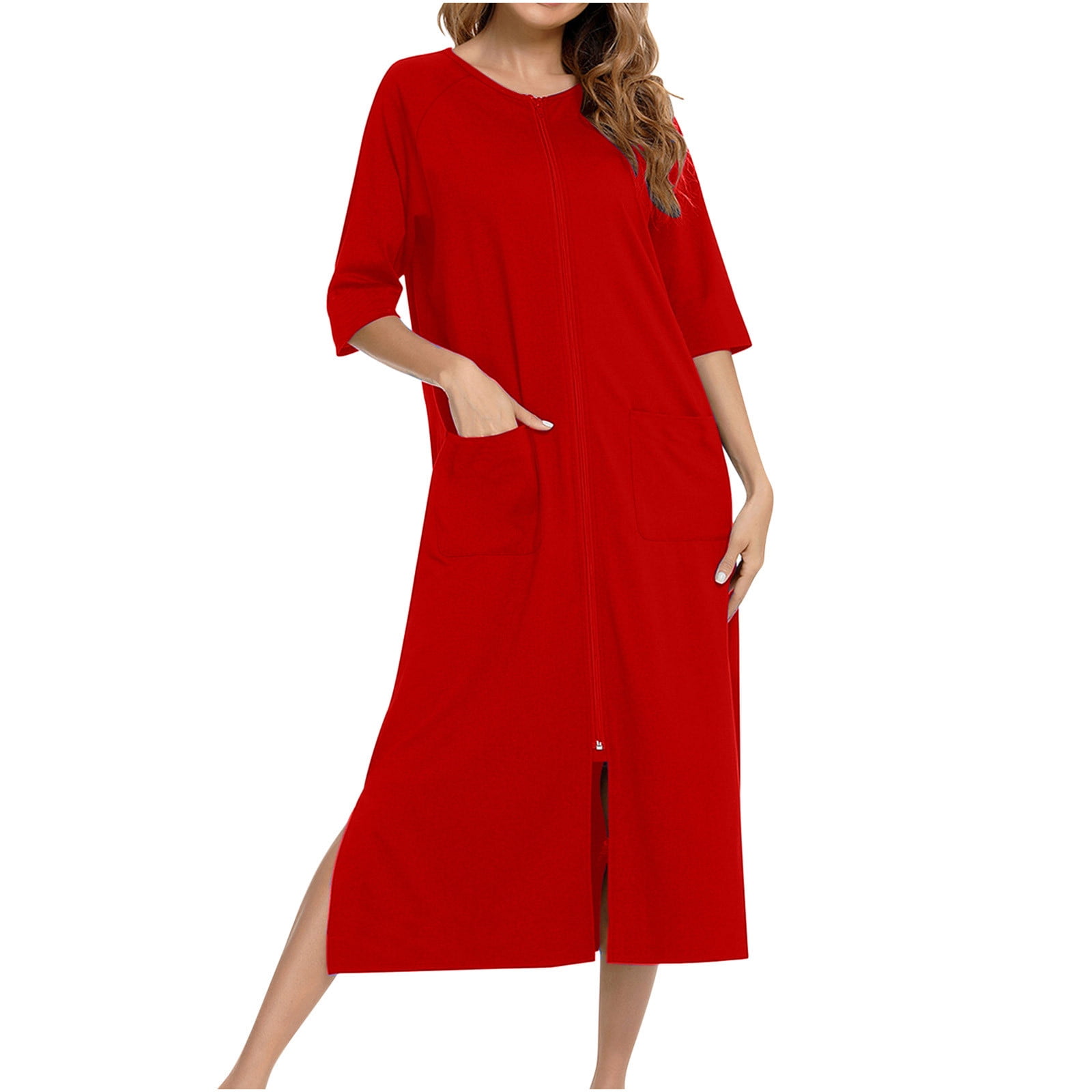 Tii.MM Women Robe Zipper Front Nightgown Lounge 3/4 Sleeve Midi Dress ...