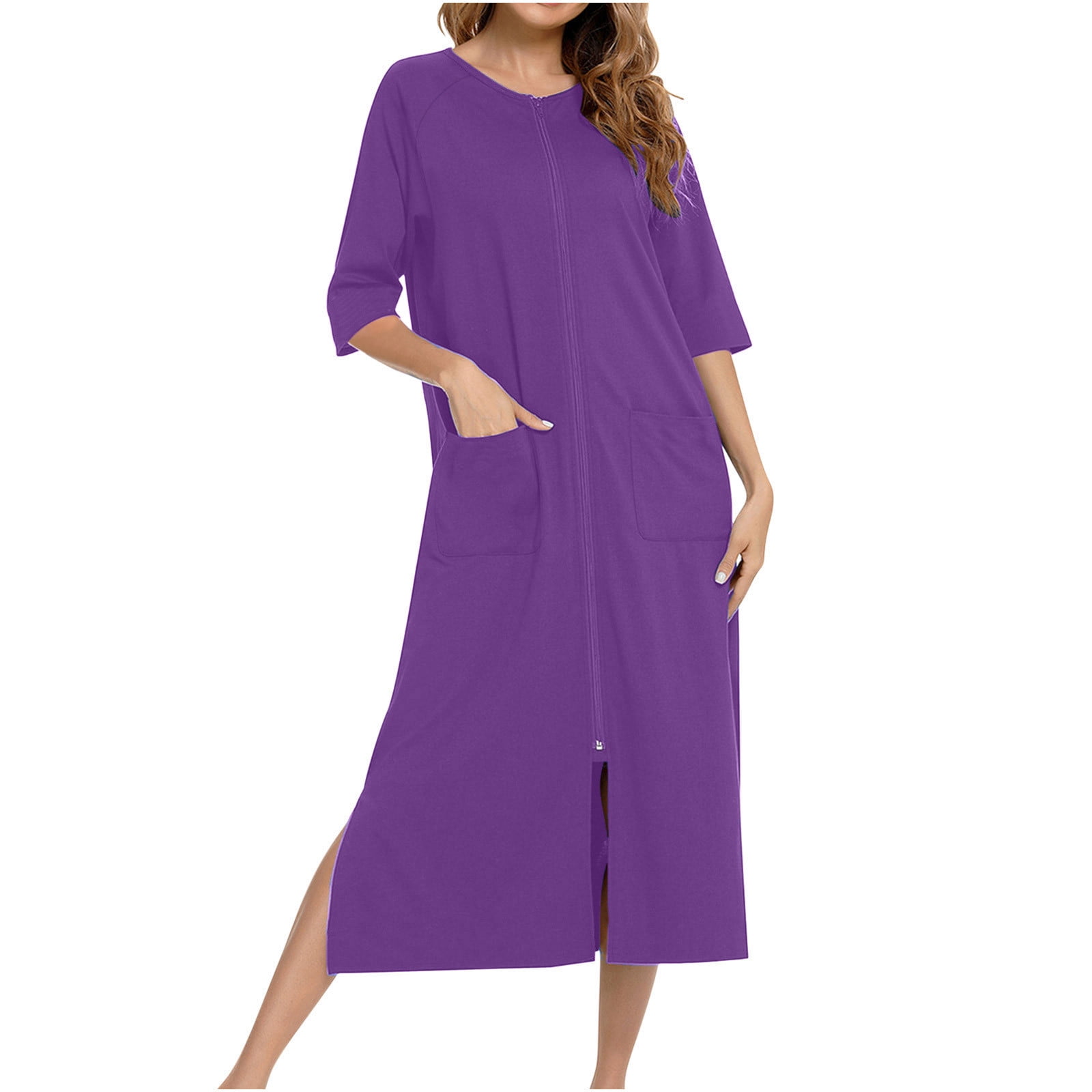 Tii.MM Women Robe Zipper Front Nightgown Lounge 3/4 Sleeve Midi Dress ...