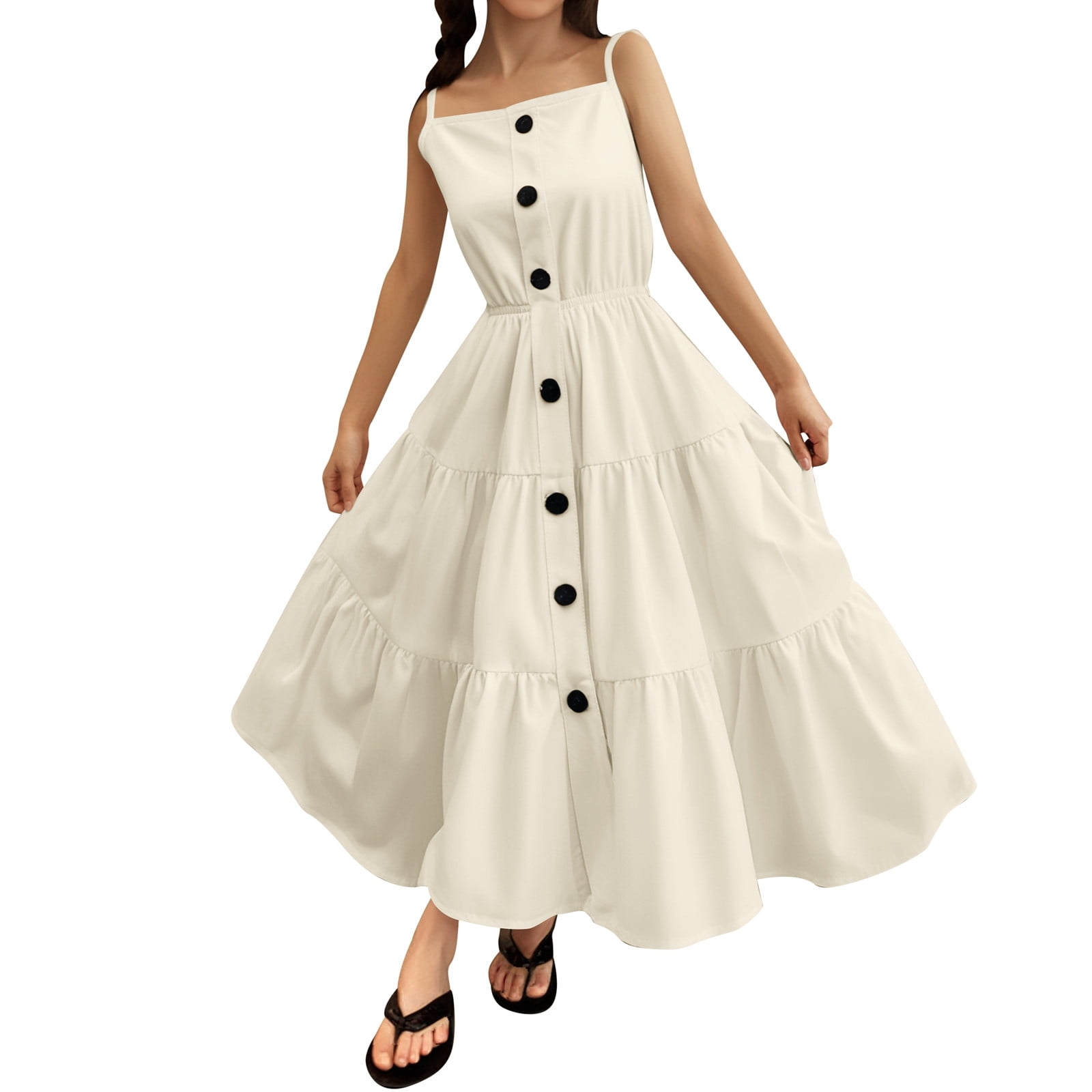 Tiijoy Big Girl Tiered Dress Solid Spaghetti Straps Button Swing Dress ...