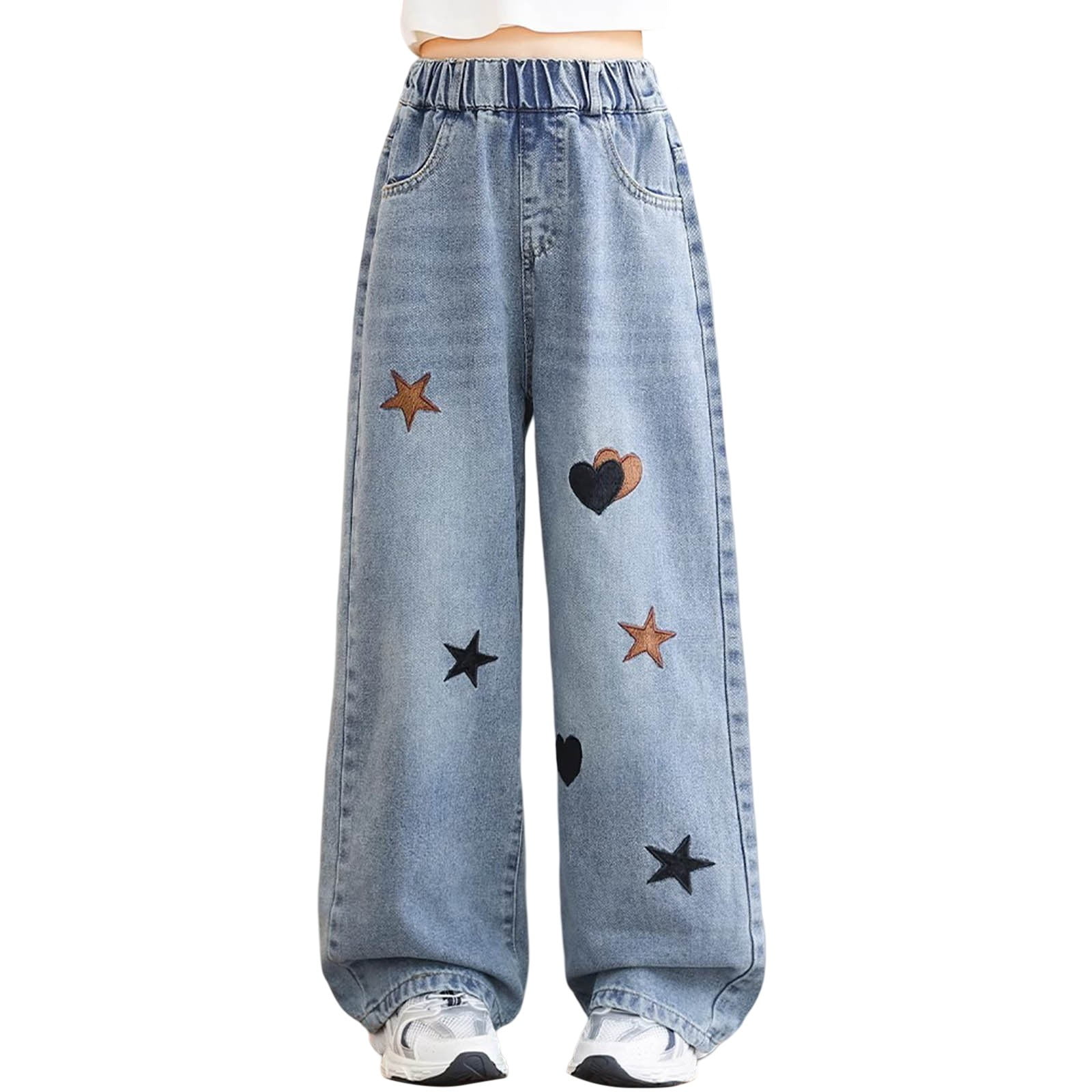 Tiijoy Big Girls Embroidery Pull On Straight Leg Jeans Kids Baggy ...
