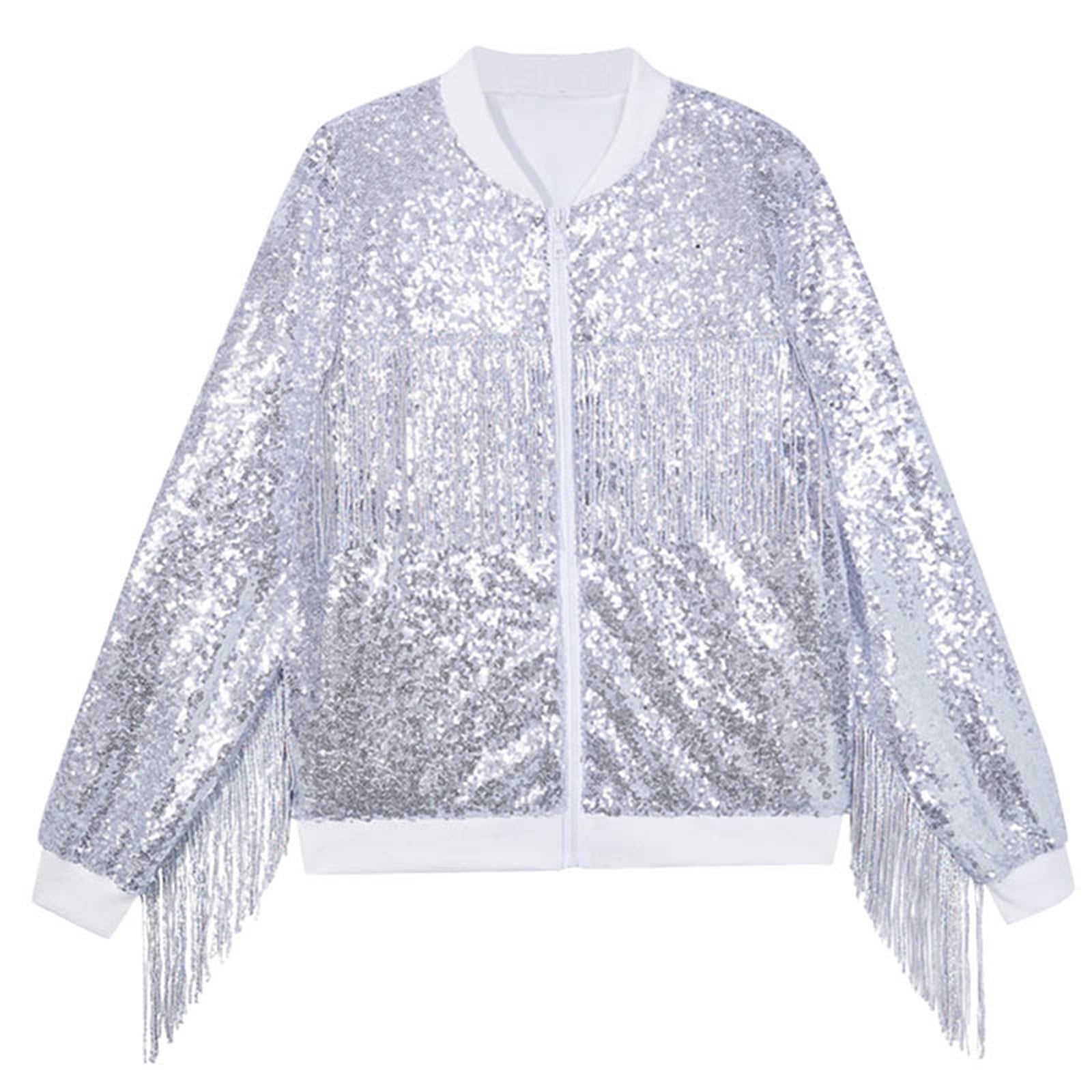 Tiijoy Big Girls Sequin Fringe Jacket Shiny Zip Up Bomber Jacket Coat ...