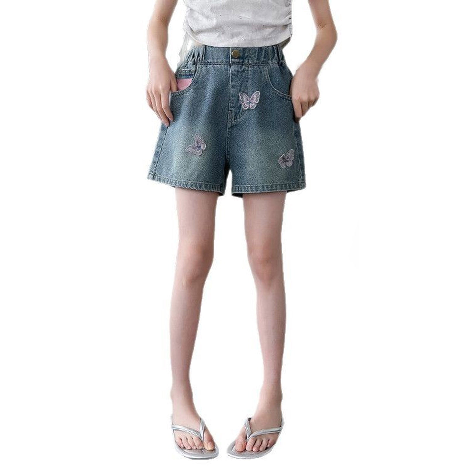 Tiijoy Girls Butterfly Embroidery Denim Shorts Pull On Loose Jean ...