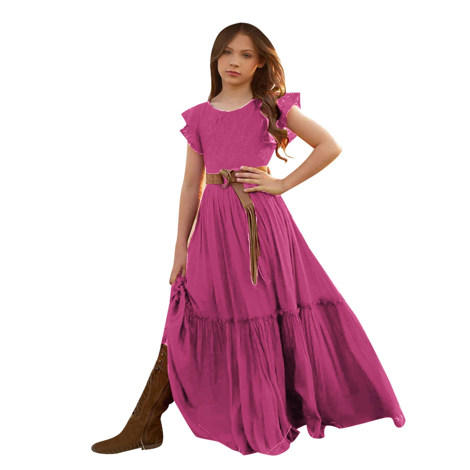 Tiijoy Girls Flutter Sleeves Tiered Swing Dress Solid Long Princess ...