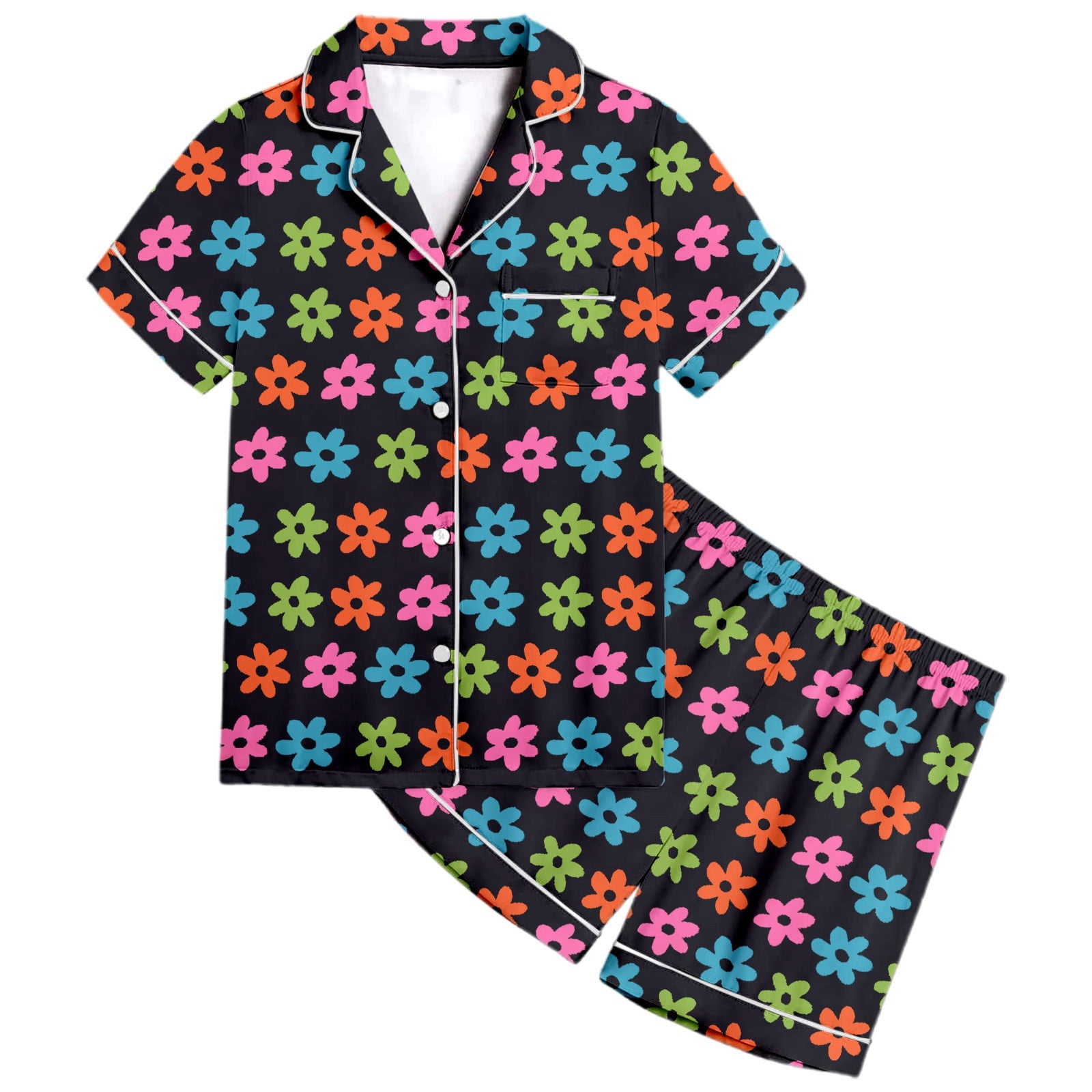 Tiijoy Girls Satin Silk Pajamas Flower Print Short Sleeve Button Down ...