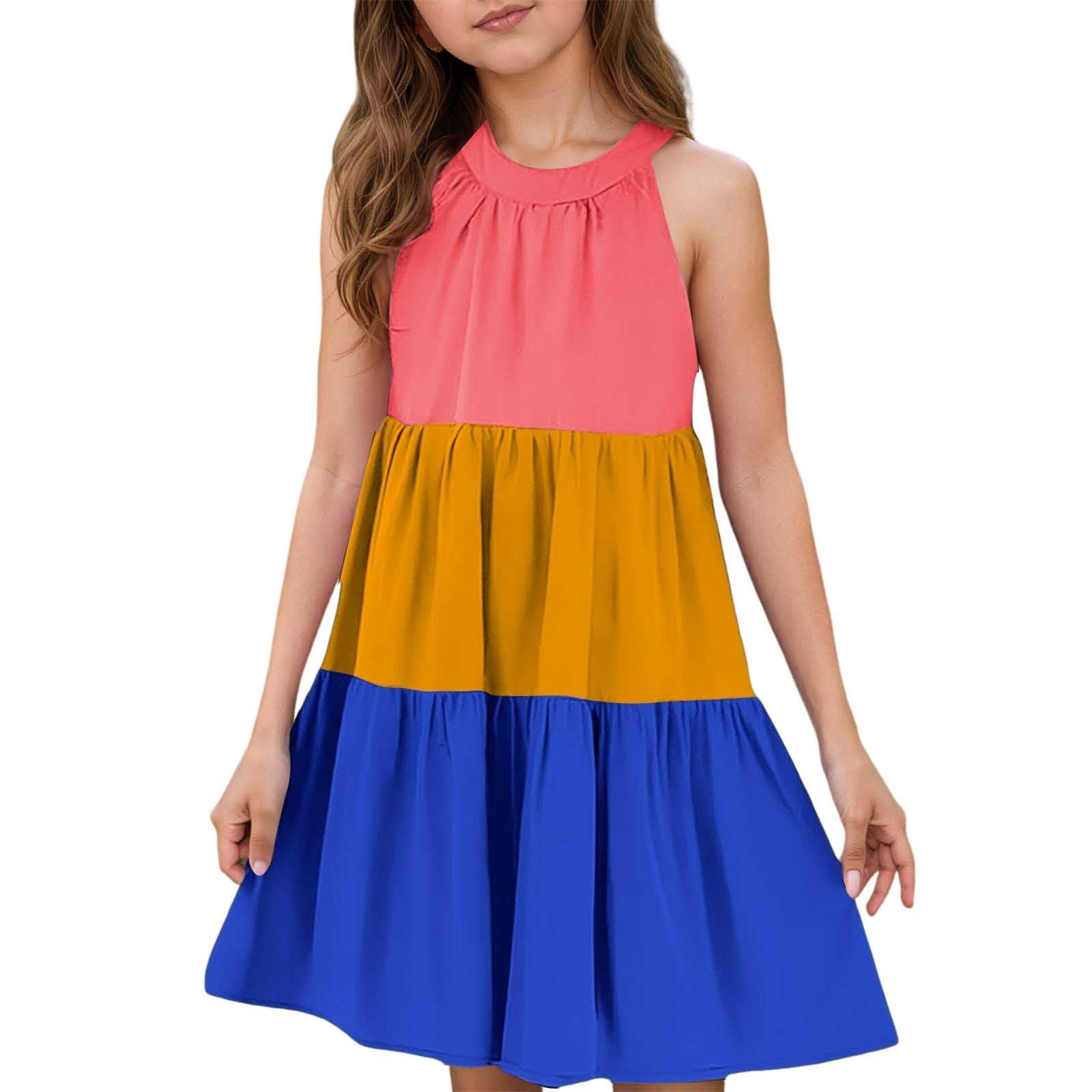 Tiijoy Girls' Sleeveless Color Block Tiered Dress Summer Skater Swing ...