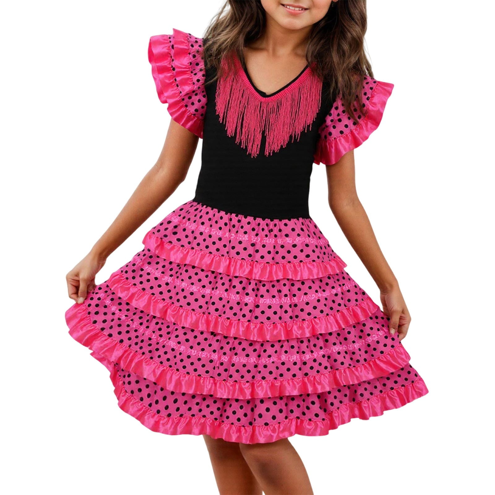 Tiijoy Girls Tassel Ruffle Dance Party Dress Flutter Sleeves Tiered ...