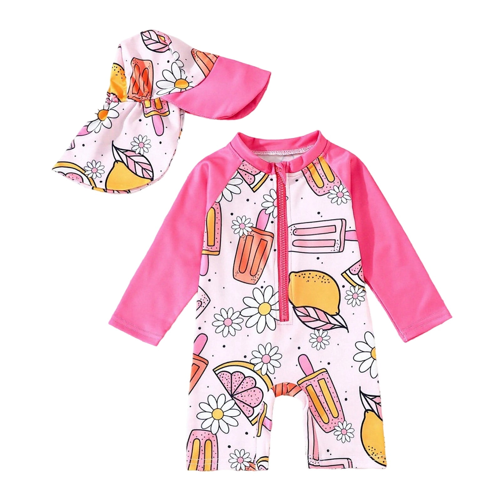 Tiijoy Girls Rash Guard Bathing Suit Long Sleeve One-Piece Swimsuit & Hat, Sizes 18-24M ...