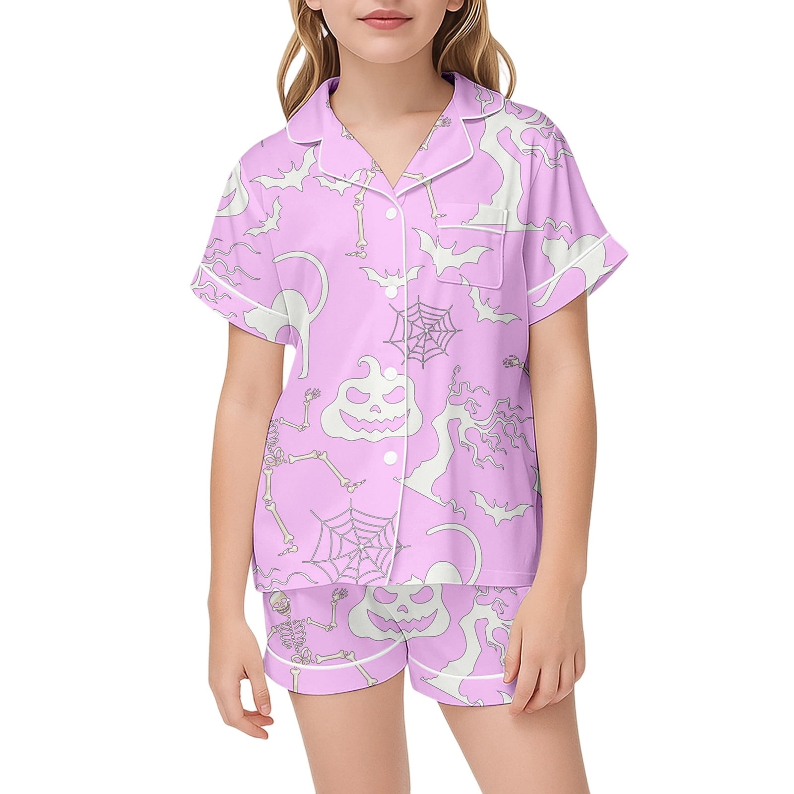 Tiijoy Little Girl's Halloween Pajama Set Skeleton Print Silk Button ...