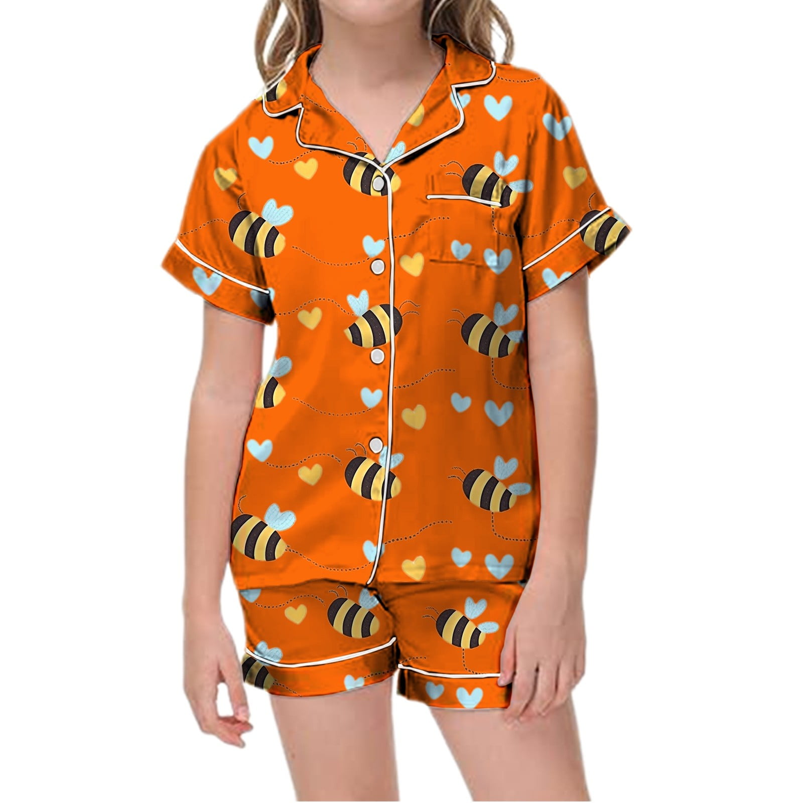 Tiijoy Pajama Set for Girls Bee Print Short Sleeve Button Down Top and ...