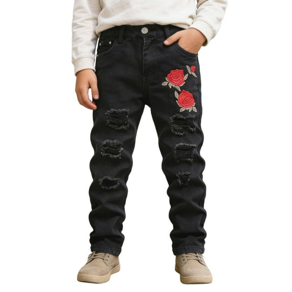 Tiijoy Tween Boys Skinny Fit Jeans Casual Rose Embroidery Stretch Denim ...