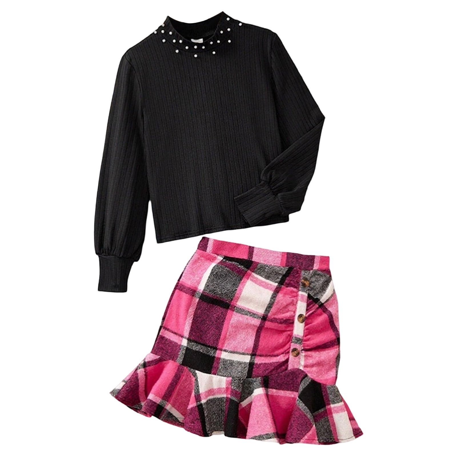 Tiijoy Tween Girls Outfits Long Sleeve Ribbed Shirt Plaid Short Skirt ...