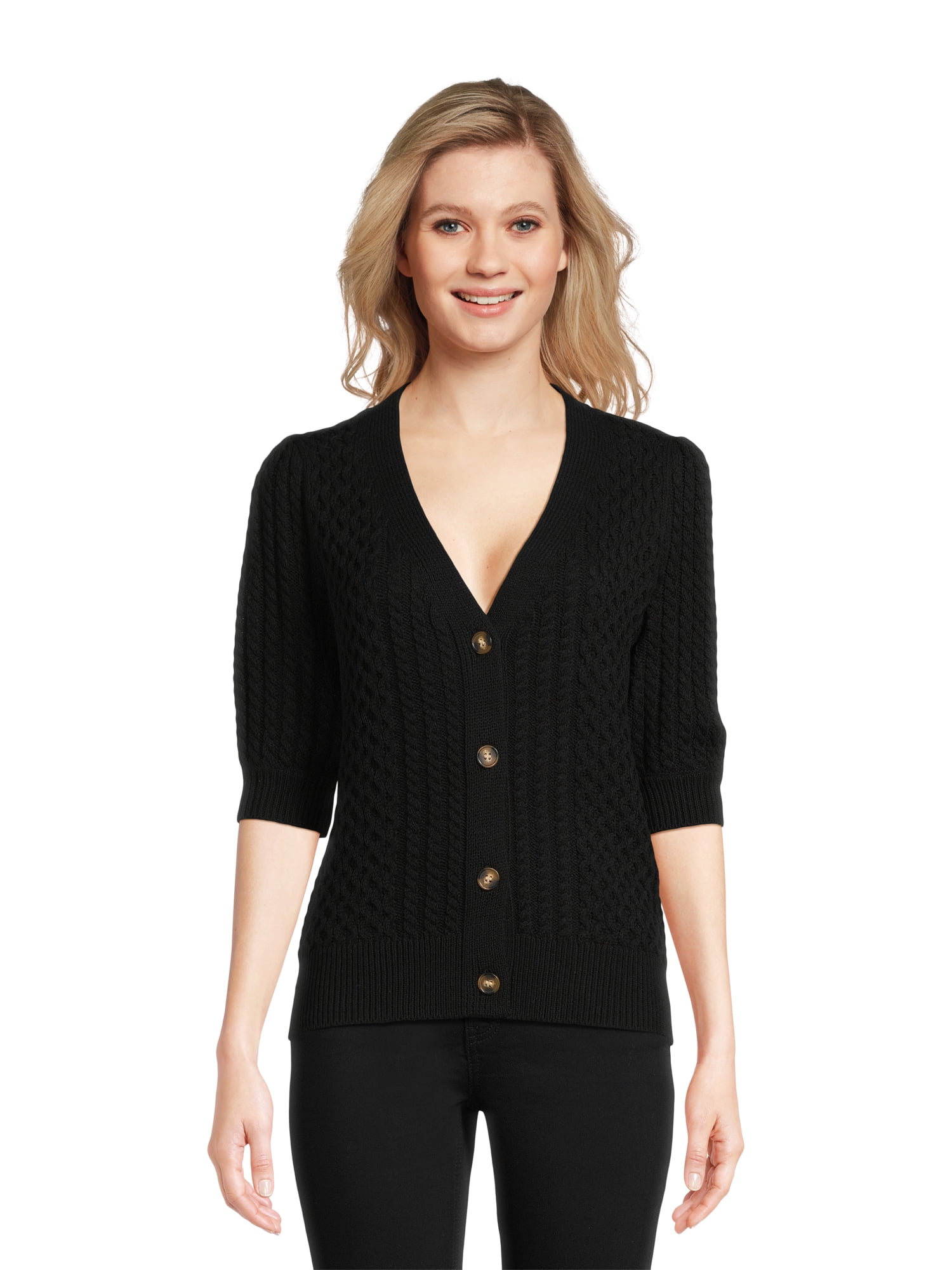 Time and Tru Women's Boyfriend Cardigan Sweater with Elbow Sleeves ...