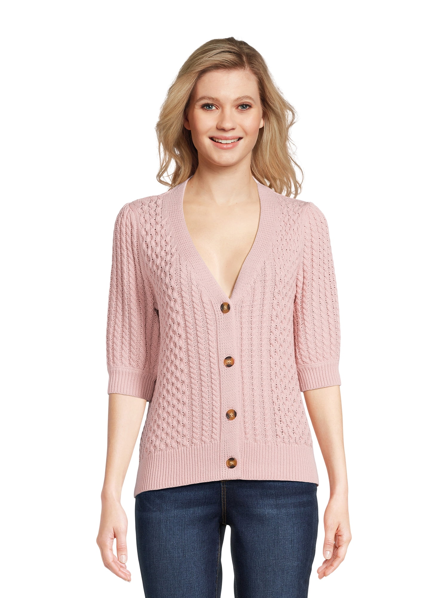 Time and Tru Women's Boyfriend Cardigan Sweater with Elbow Sleeves ...