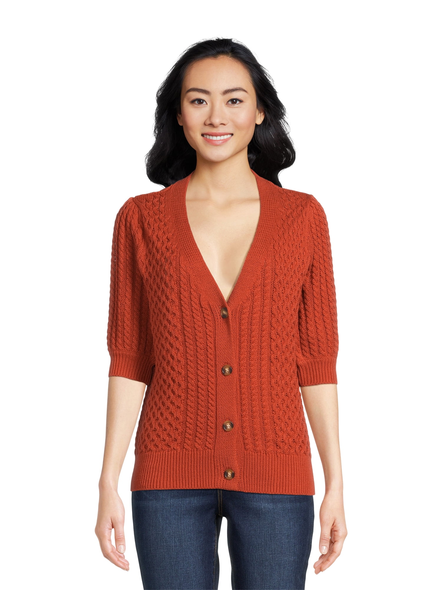 Time and Tru Women's Boyfriend Cardigan Sweater with Elbow Sleeves ...