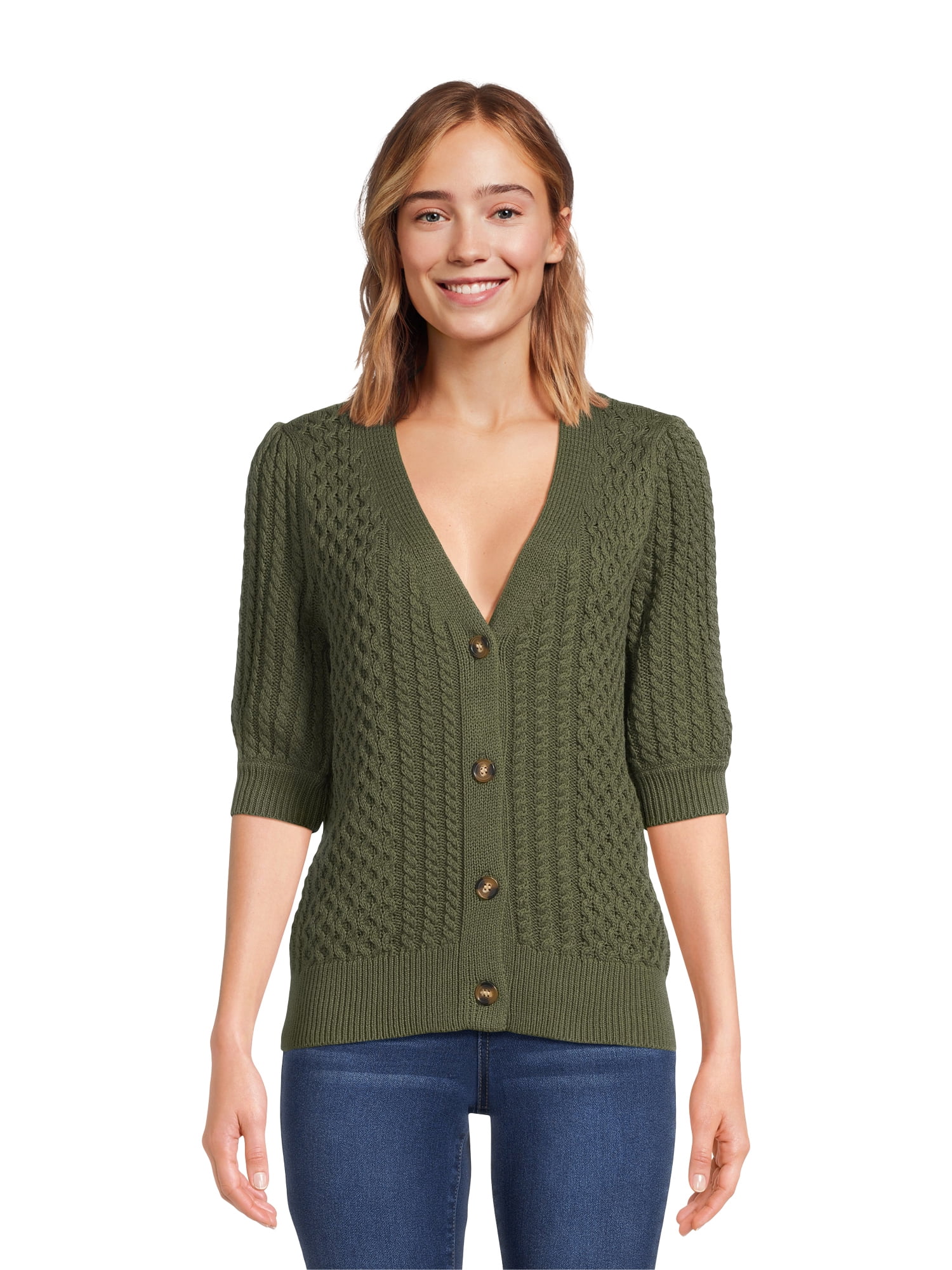 Time and Tru Women's Boyfriend Cardigan Sweater with Elbow Sleeves ...