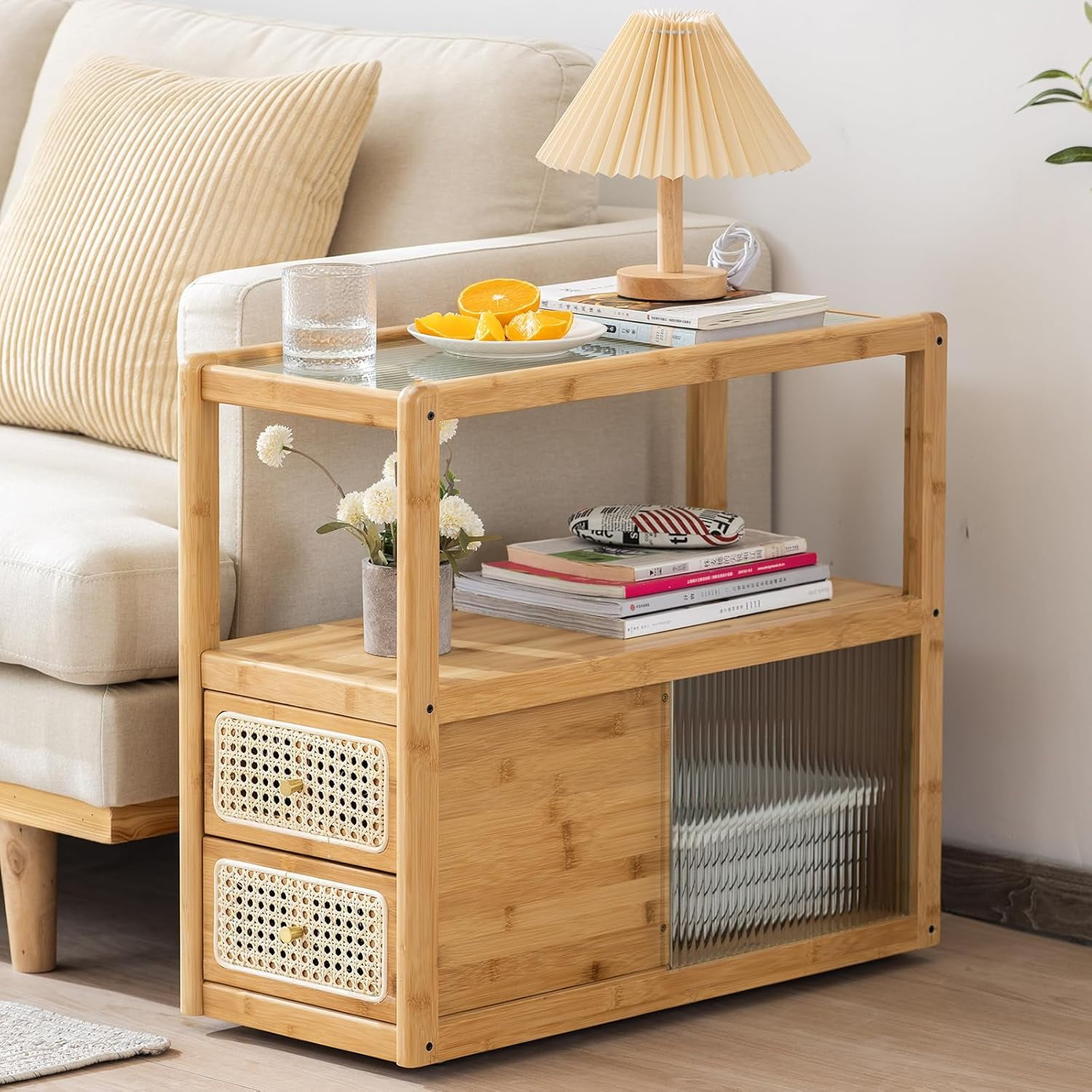 Tiita Rattan Nightstand Side Table, Bamboo Accent Bedside Tables, Glass ...