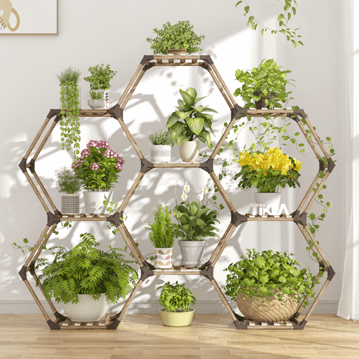 Tikea 9-Tier Hexagonal Indoor/Outdoor Wooden Plant Stand for Patio ...