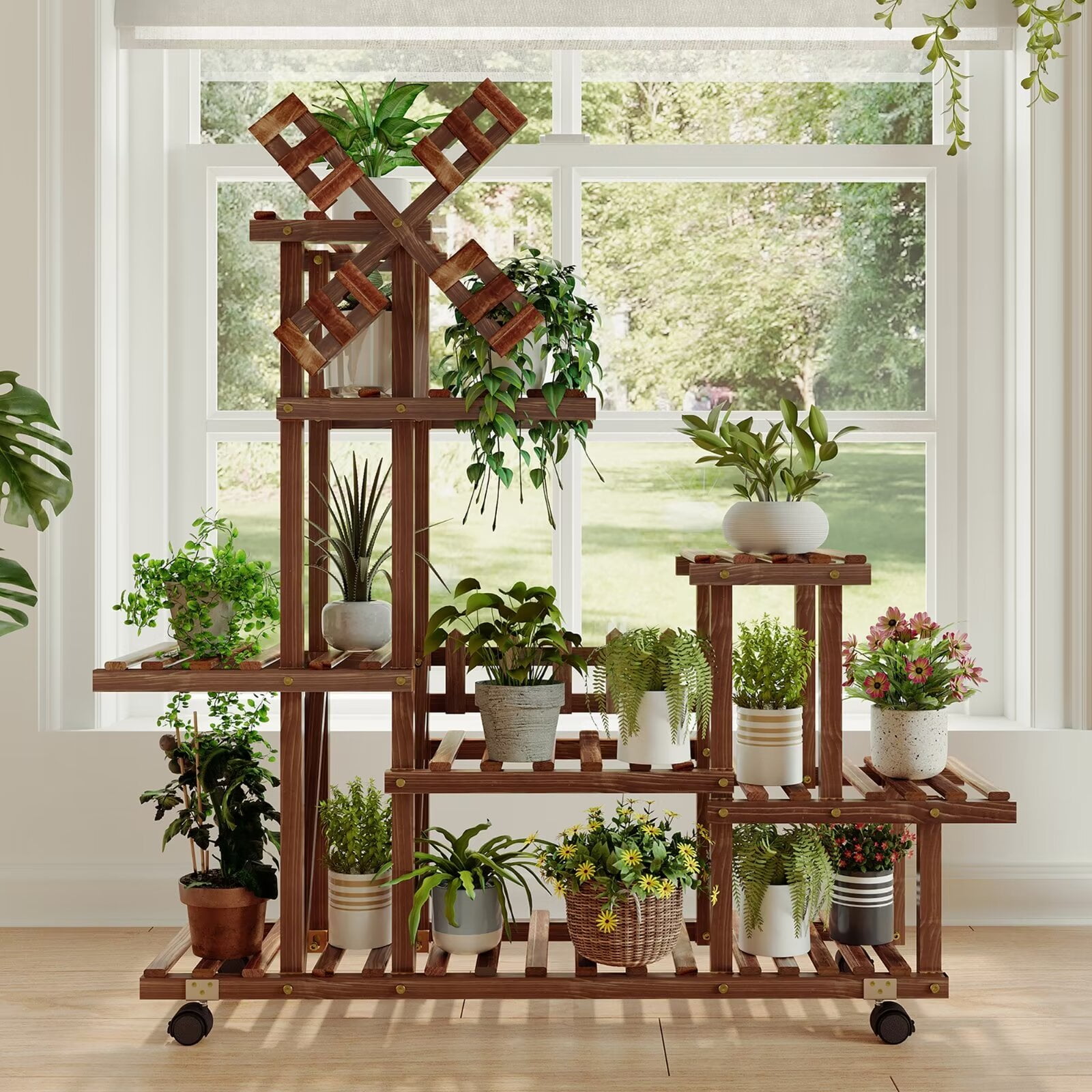 Tikea Plant Stand Indoor Outdoor, Large Wooden Display Shelf for Multi ...