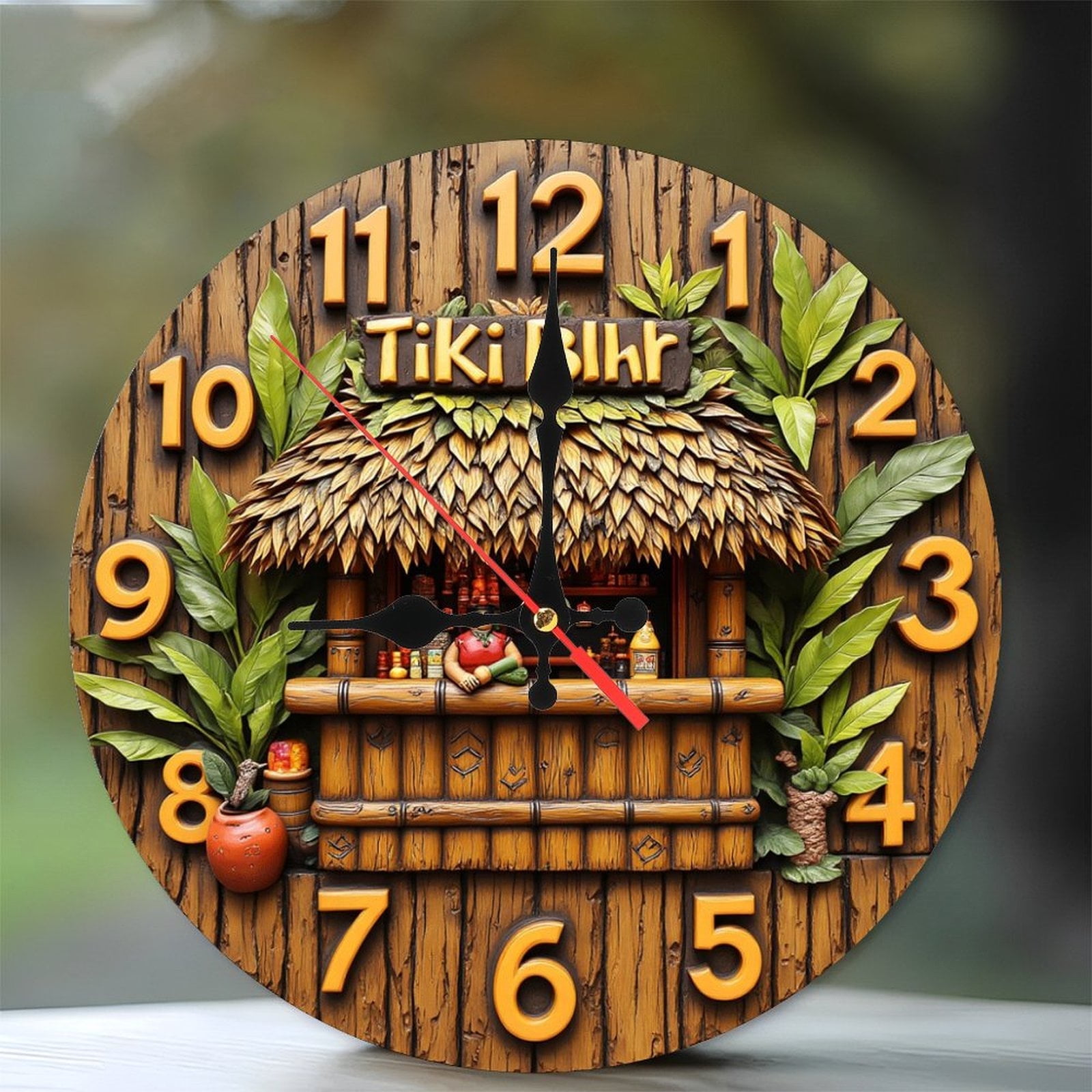 Tiki Bar Clock Wall Clock Unique Decor Home Decor 12-Inch Silent Wooden ...