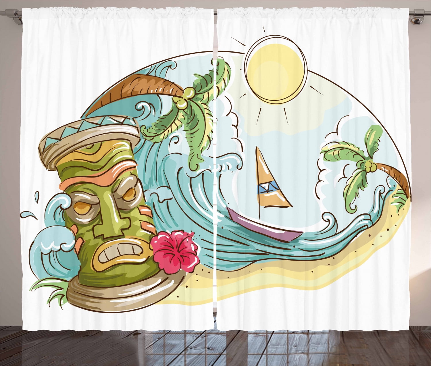 Ambesonne Tiki Bar Curtains 2 Panel Set, Cartoon Beach, 108" x 96 ...