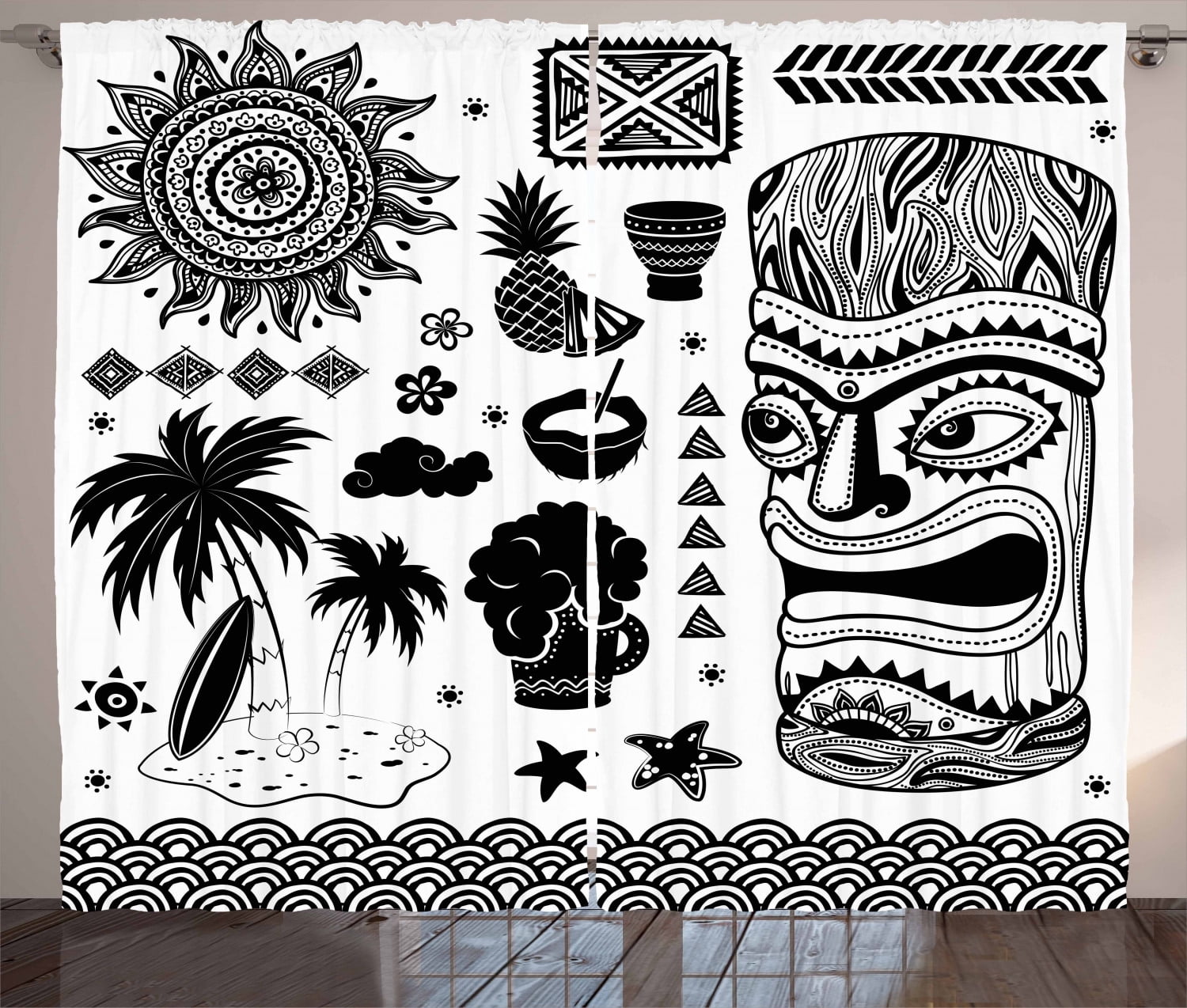 Ambesonne Tiki Bar Curtains 2 Panel Set, Tribals, 108" x 108", Black ...