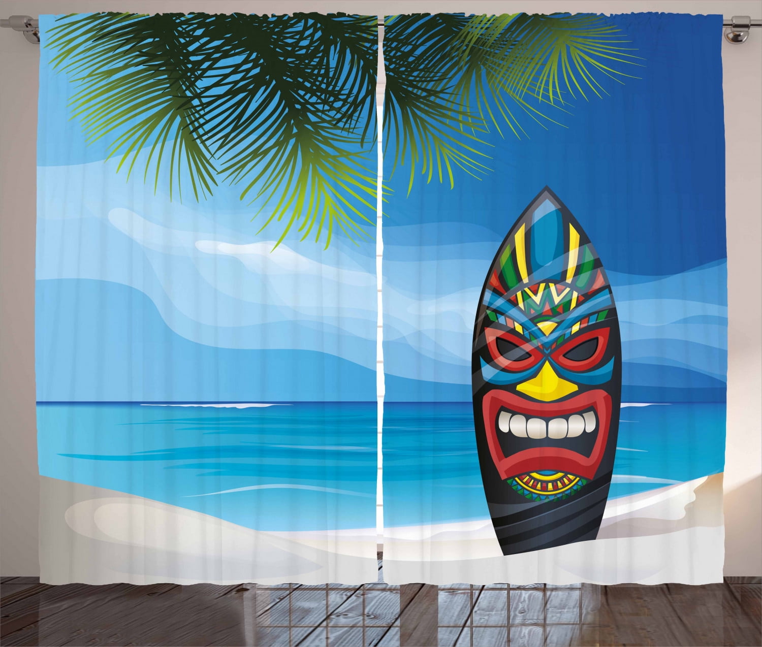 Ambesonne Tiki Bar Curtains 2 Panel Set, Tiki Surfboard, 108" x 108 ...