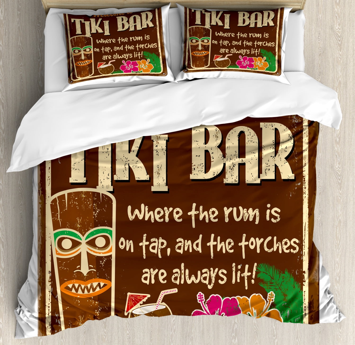 Tiki Bar Duvet Cover Set King Size, Aged Old Frame Sign of Tiki Bar ...