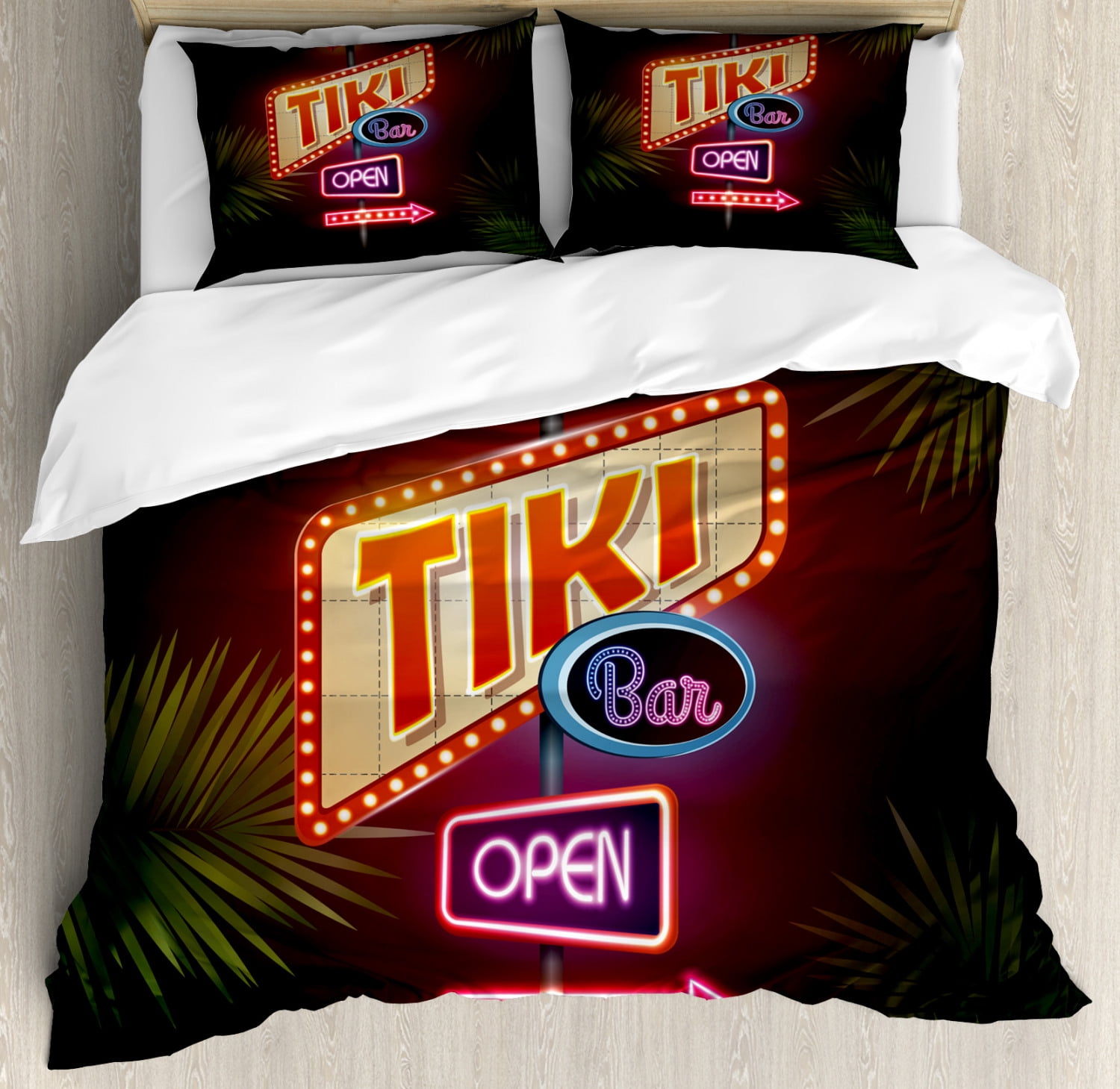 Tiki Bar Duvet Cover Set Queen Size, Old Fashioned Neon Signs ...