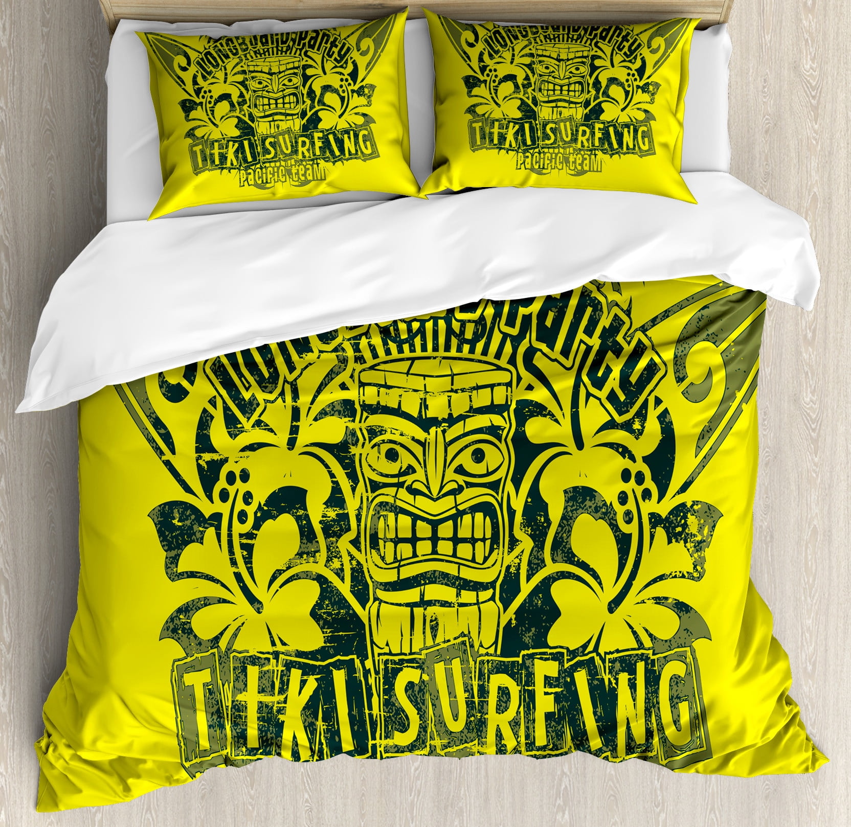 Tiki Bar Duvet Cover Set, Tiki Surf Team Longboard Party Grungy Display ...