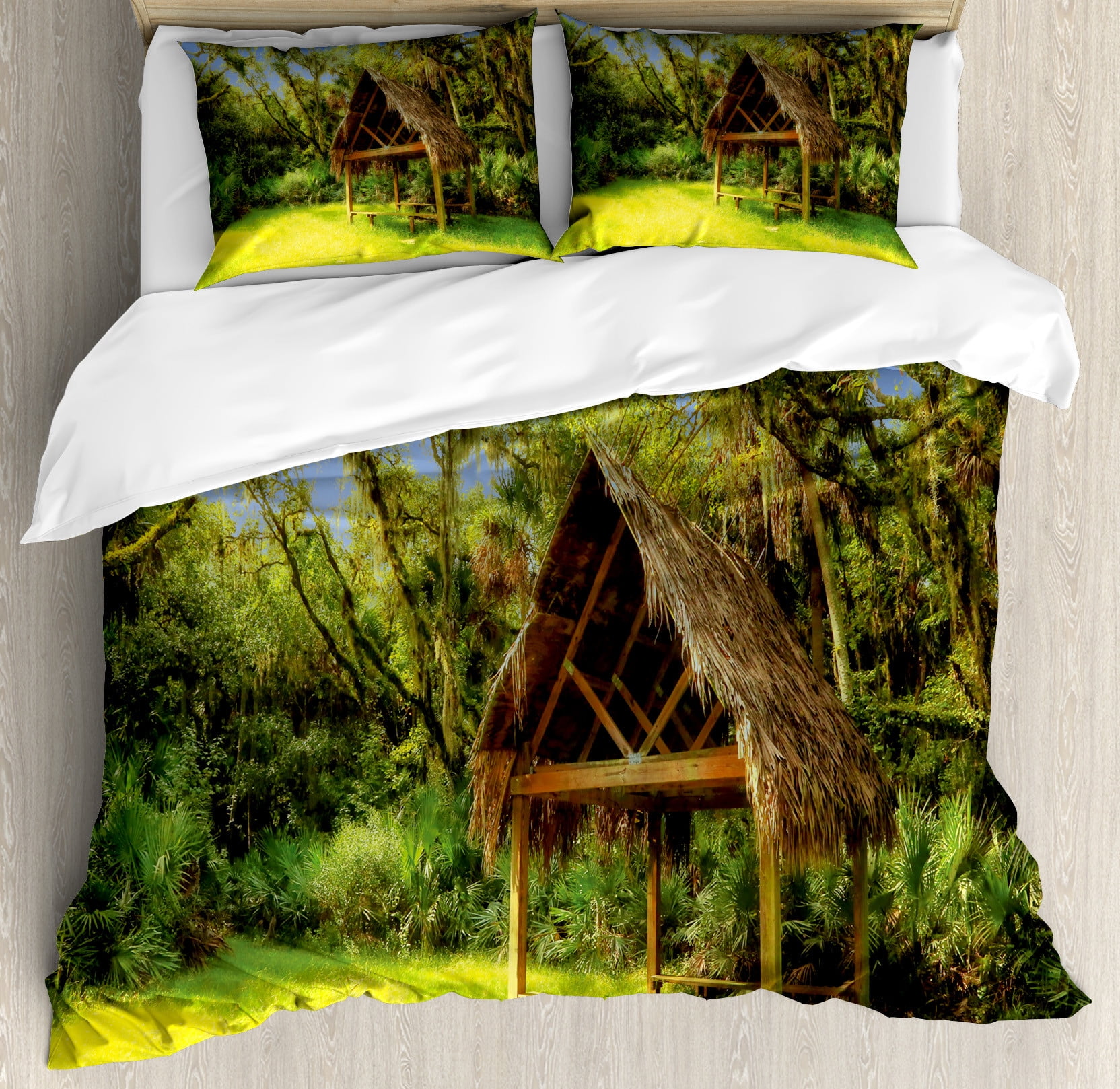 Tiki Bar Duvet Cover Sets, Tiki Hut in Dreamy Fantasy Forest Tropical Island Wildlife Greenery ...