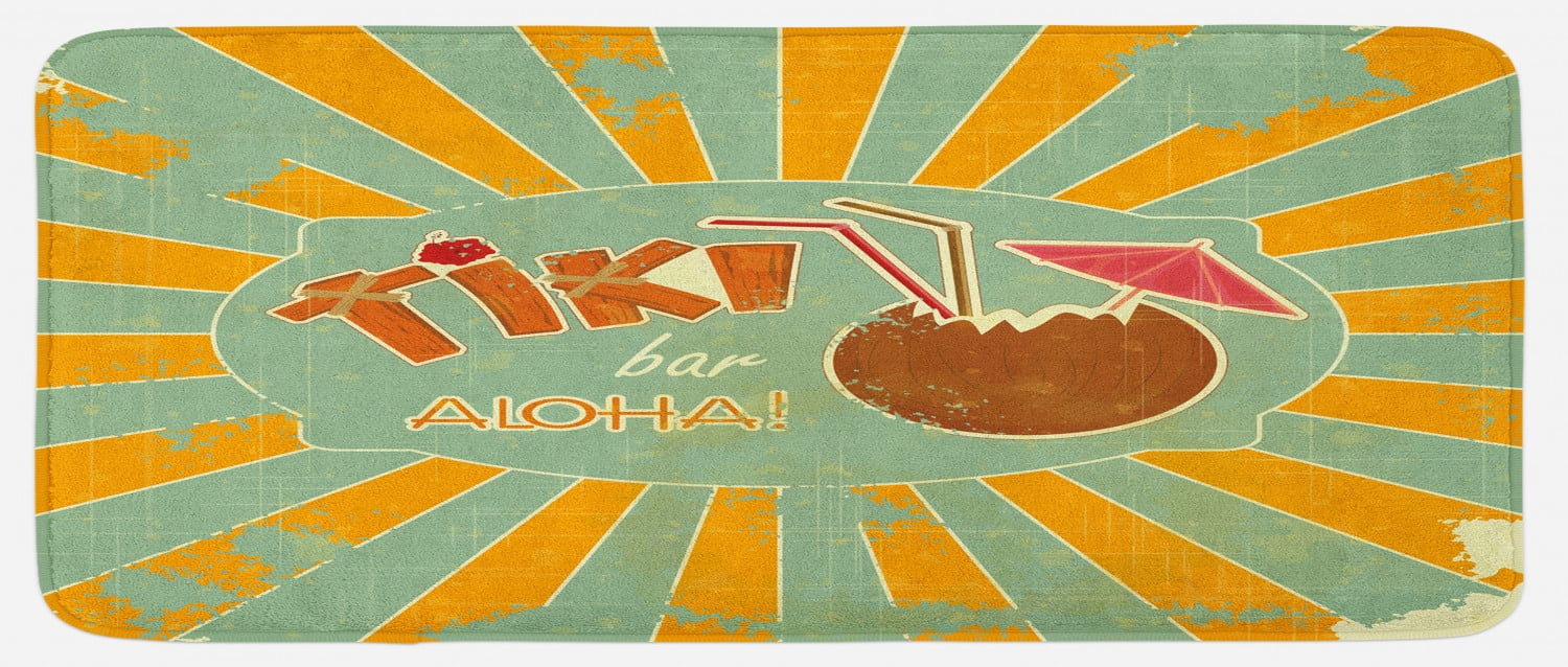 Tiki Bar Kitchen Mat, Vintage Design Exotic Cocktail Aged Look Aloha ...