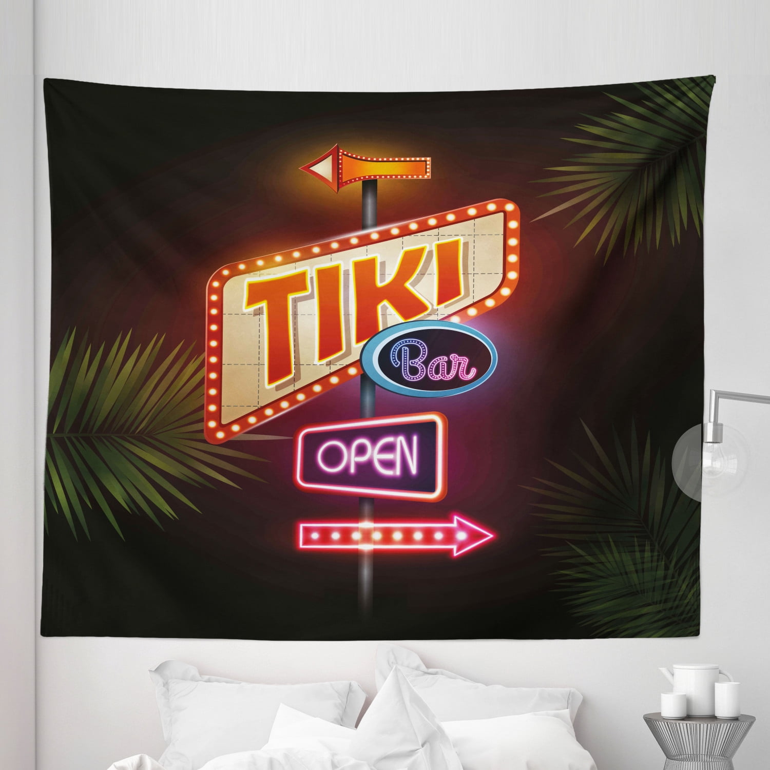 Tiki Bar Tapestry, Old Fashioned Neon Signs Illustration of Open Bar ...