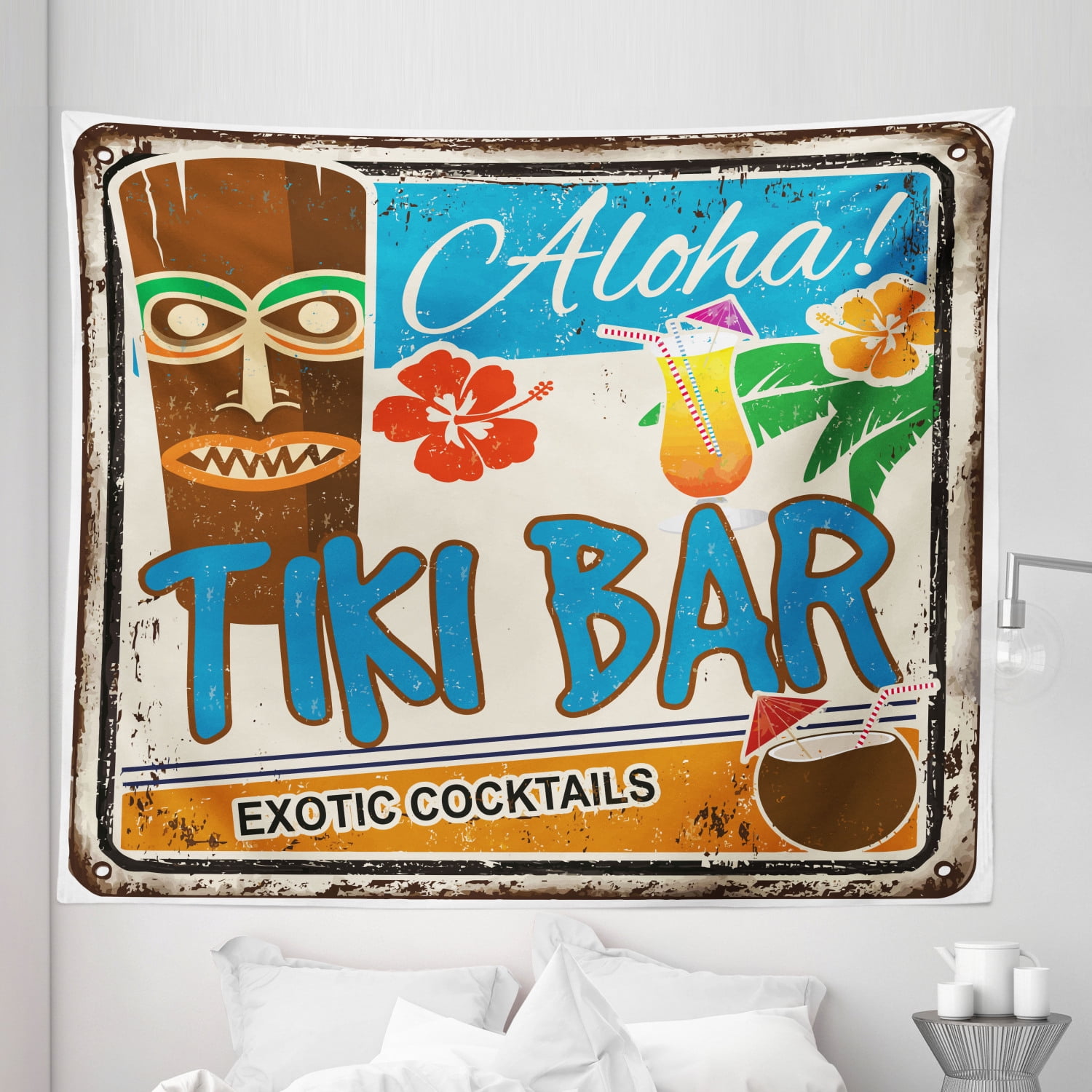 Tiki Bar Tapestry, Rusty Vintage Sign Aloha Exotic Cocktails and ...