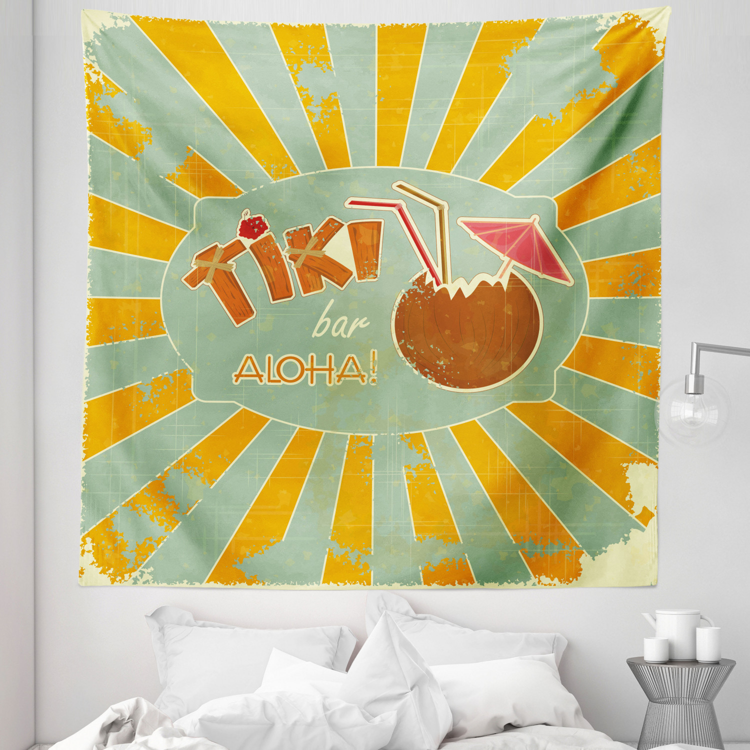 Tiki Bar Tapestry, Vintage Design Exotic Cocktail Aged Look Aloha Fun ...