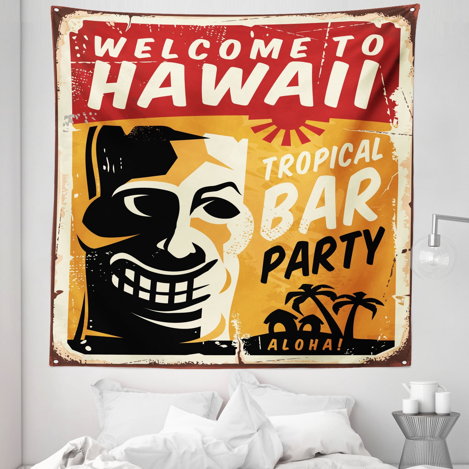 Tiki Bar Tapestry, Welcome to Hawaii Tropical Bar Party Retro Style ...