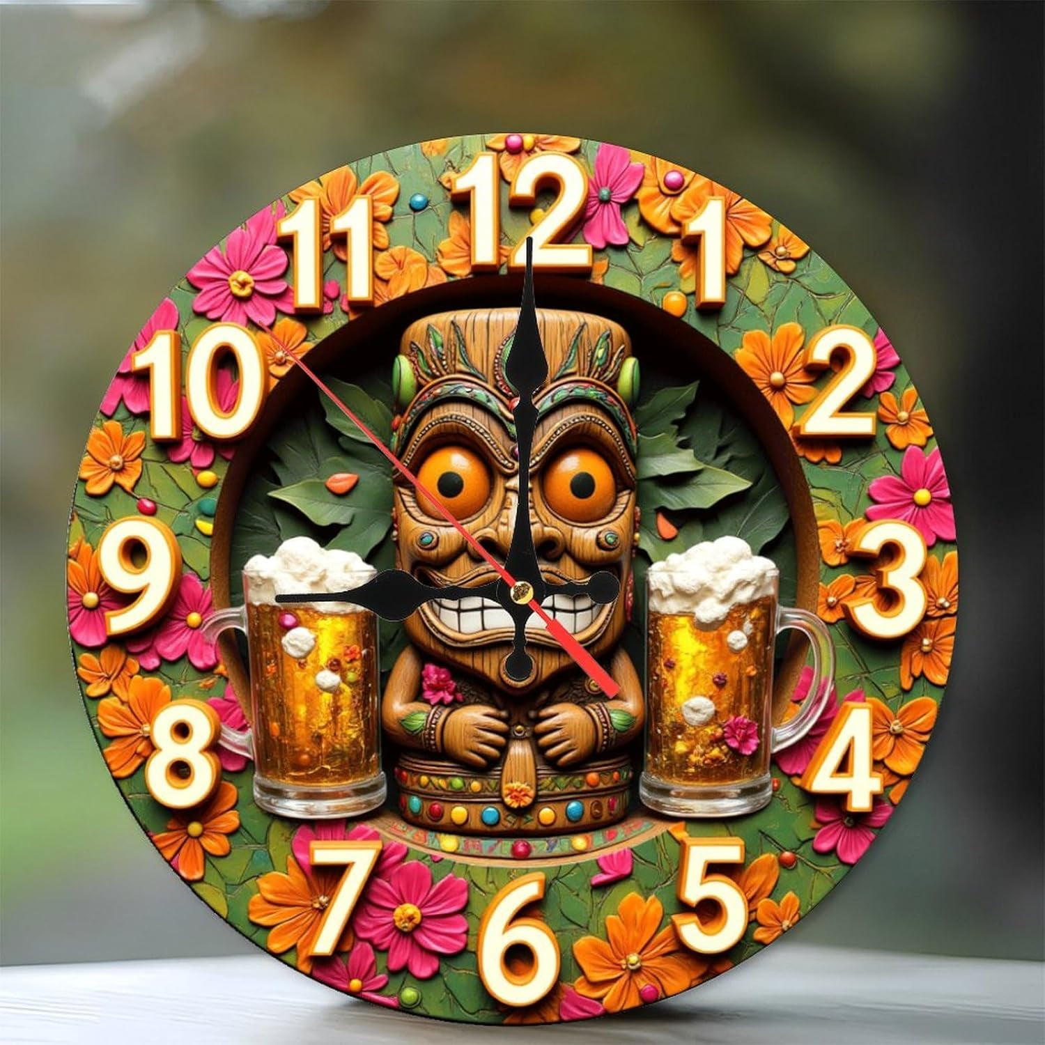 Tiki Bar Wall Clock with Beer Mugs and Tropical Flowers10-Inch Wooden ...